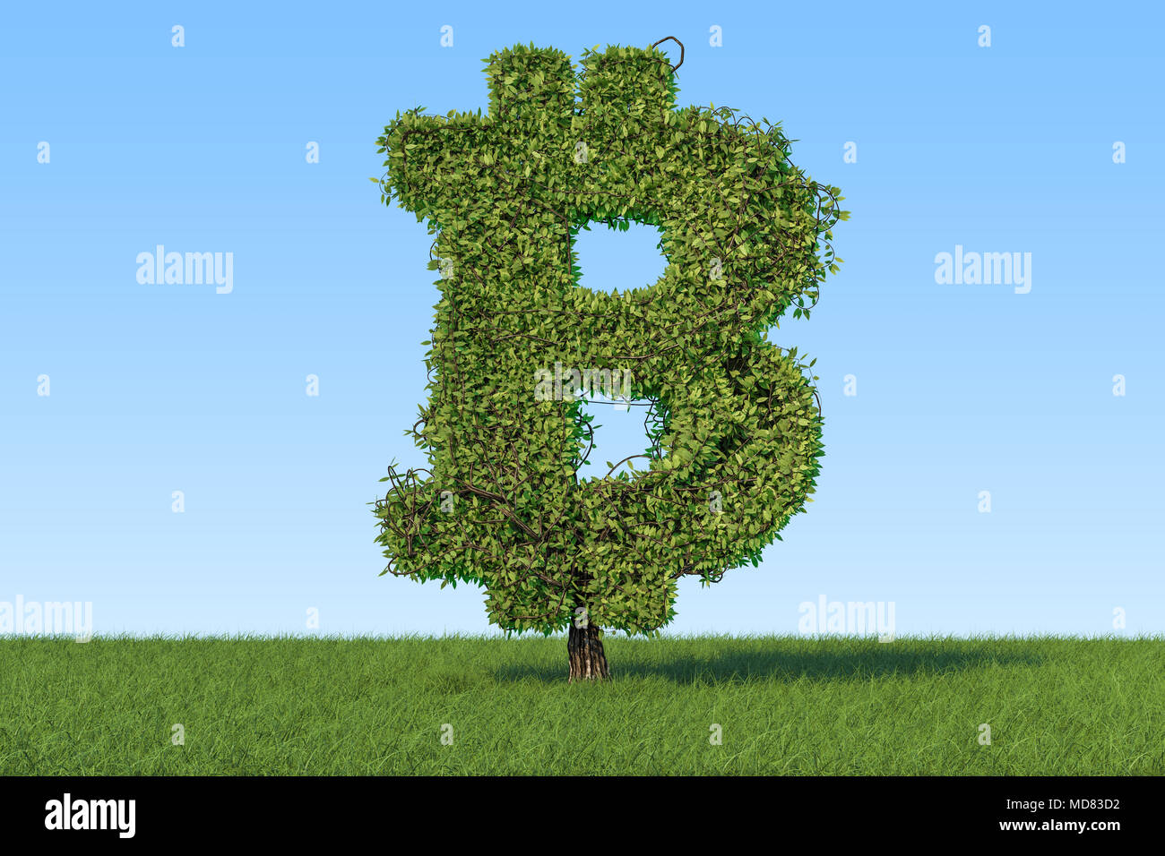 Money tree in the shape of bitcoin symbol on the green grass against ...