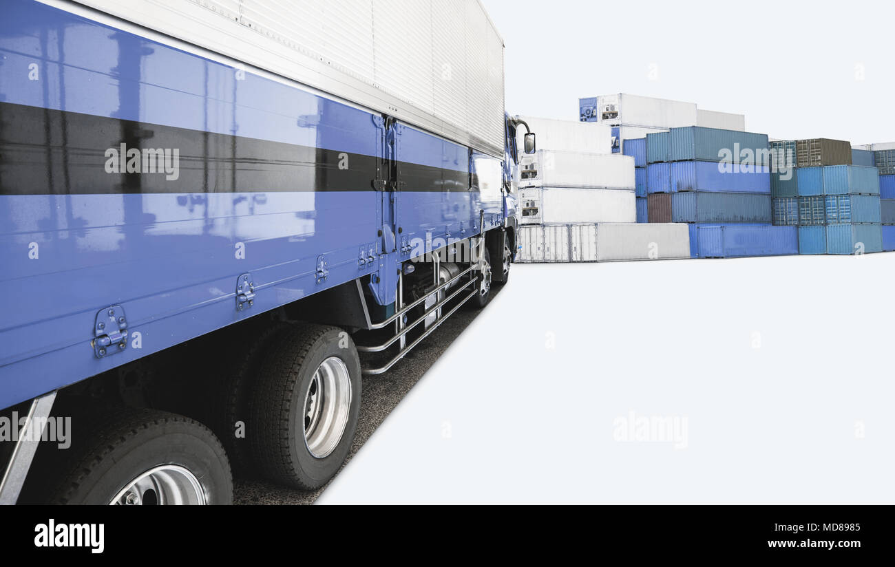 blue container truck and container box in shipping logistic station ...