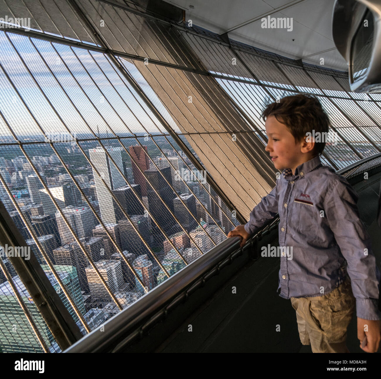 Boy admiring Toronto cityscape from window, Canada Stock Photo - Alamy