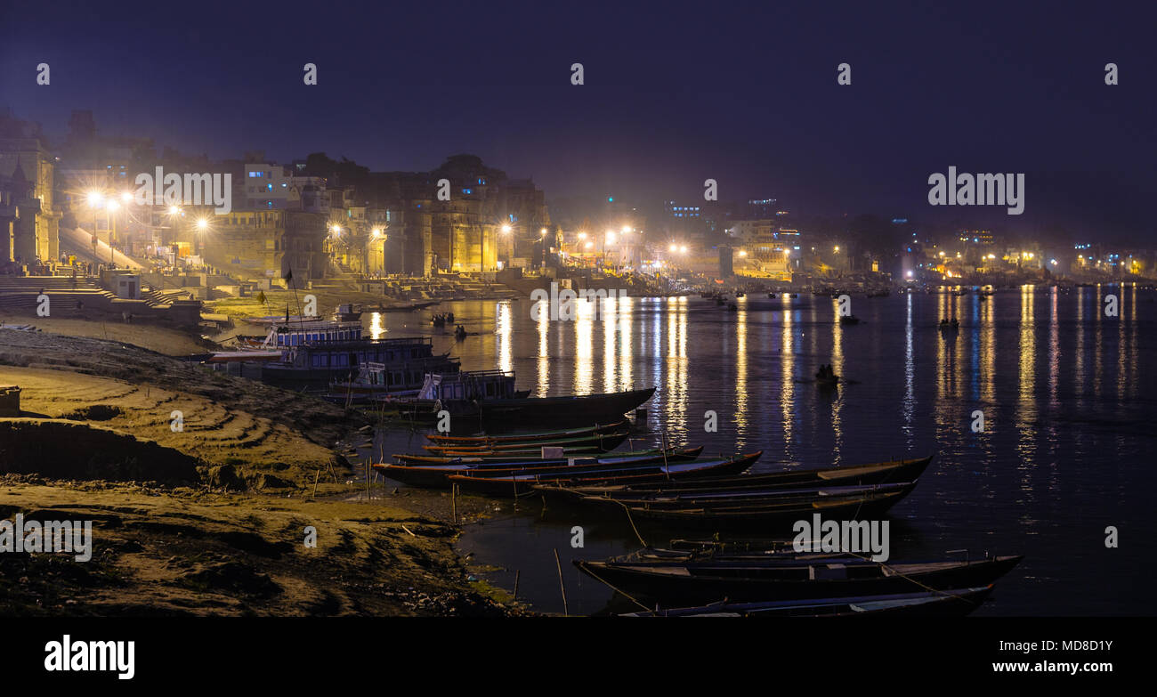 View of Varanasi riverside by night Stock Photo - Alamy