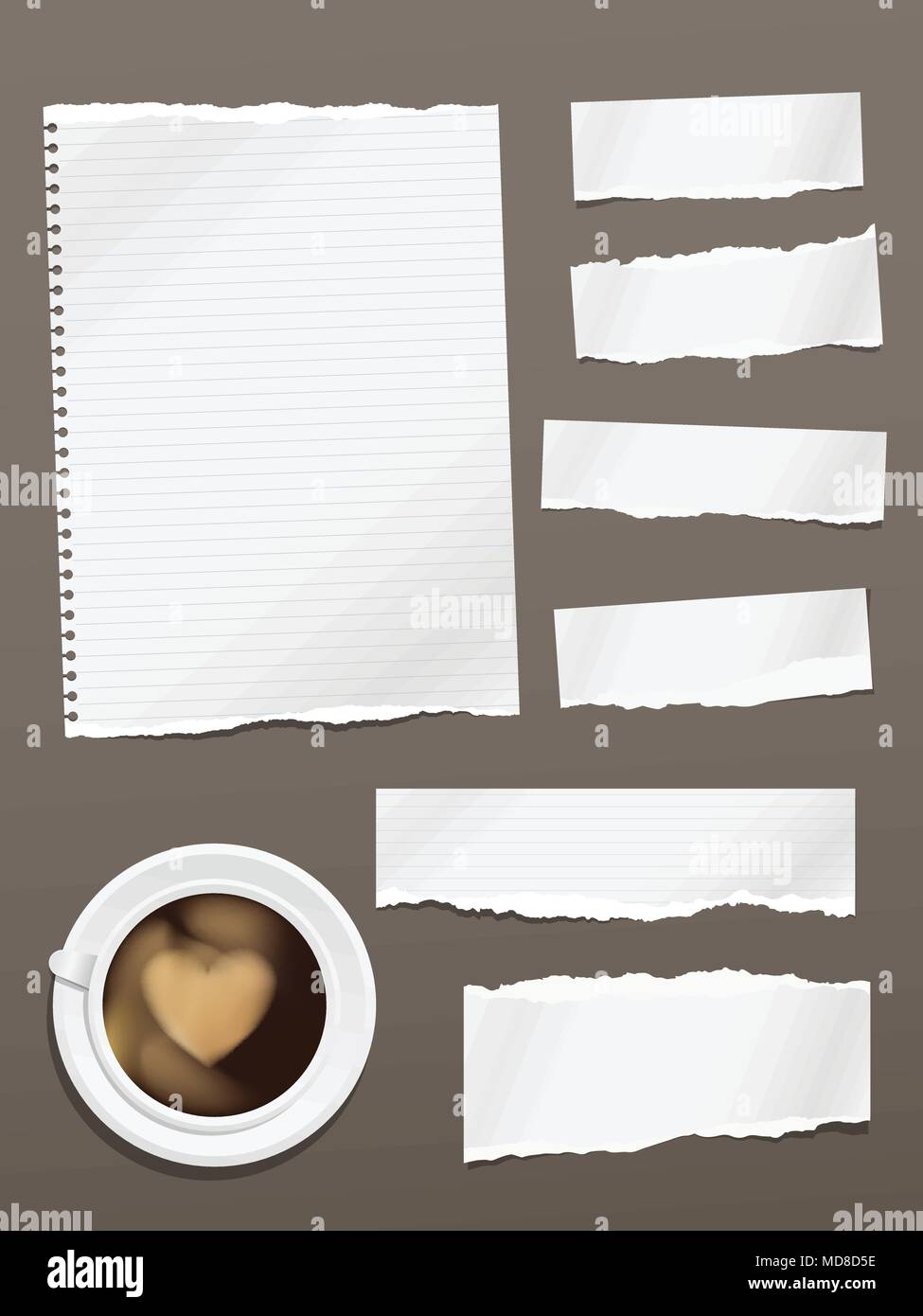 Torn note, notebook paper pieces for text stuck on dark background with ...