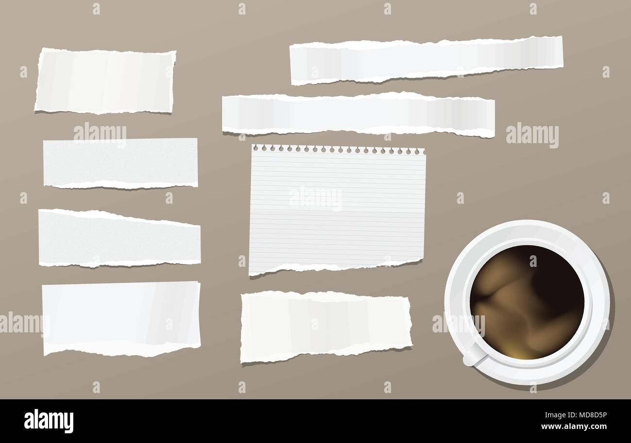 Torn note, notebook paper pieces for text stuck on brown background ...