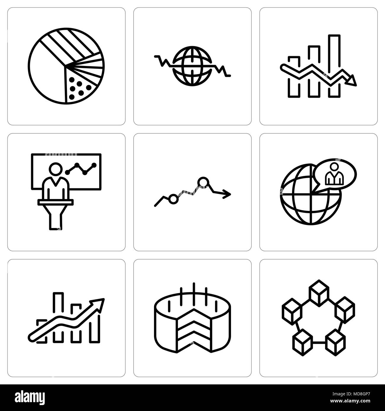 Set Of 9 simple editable icons such as Data interconnected, Folder Connected Circuit, Bars chart ...