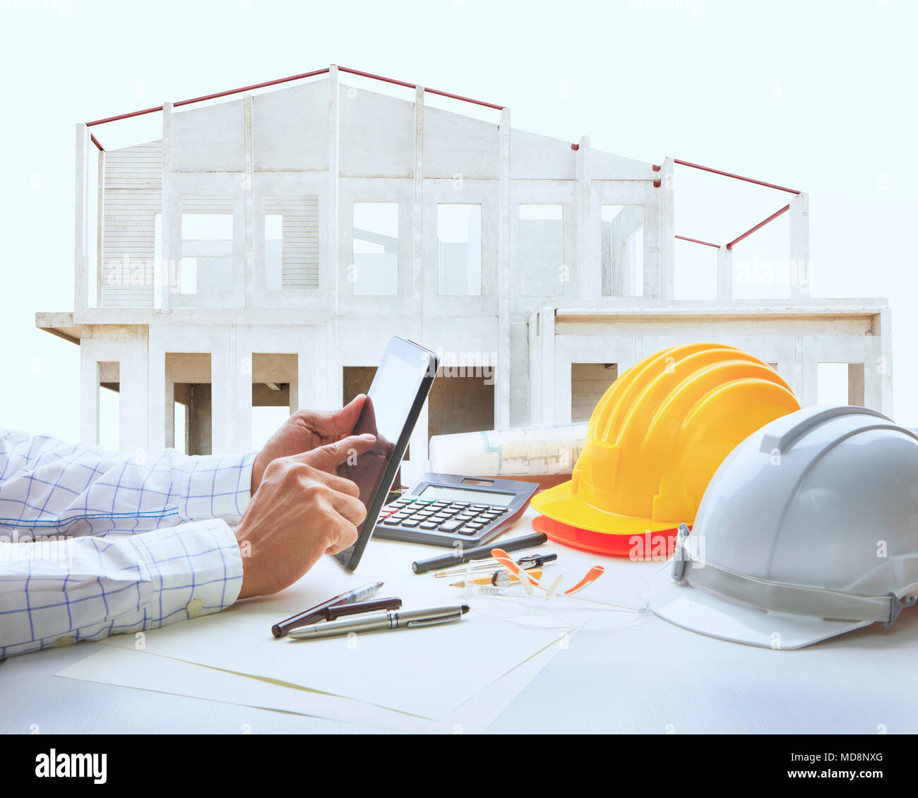 architect working table with house construction background Stock Photo ...