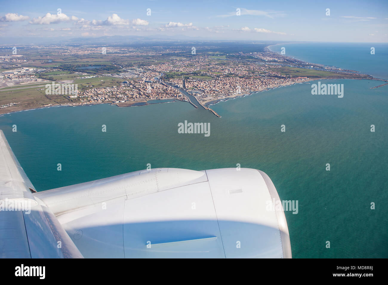 aerial view from plane window of Leonardo da Vinci–Fiumicino Airport ...