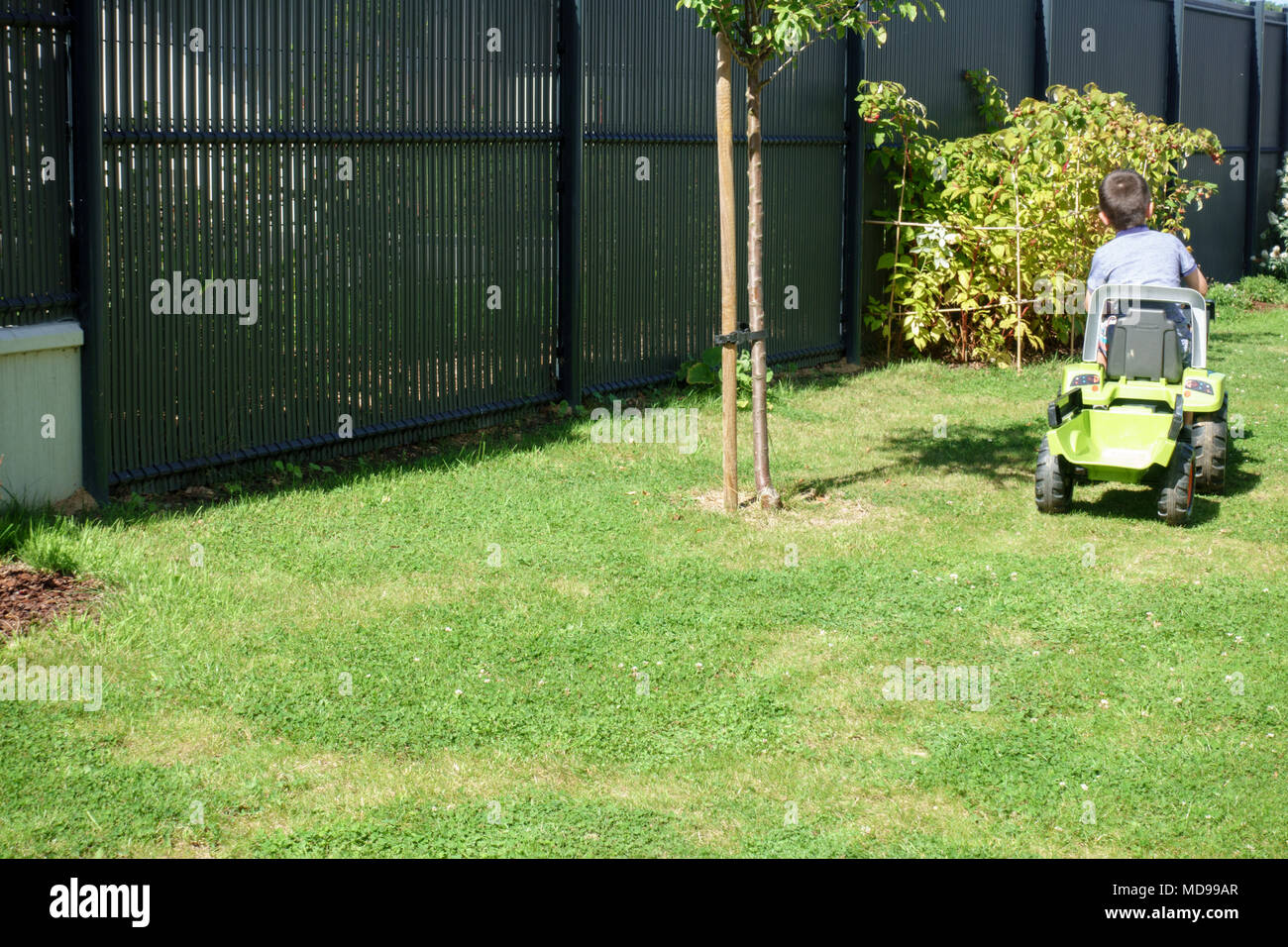 Little boy moving the grass in front or back yard Stock Photo - Alamy