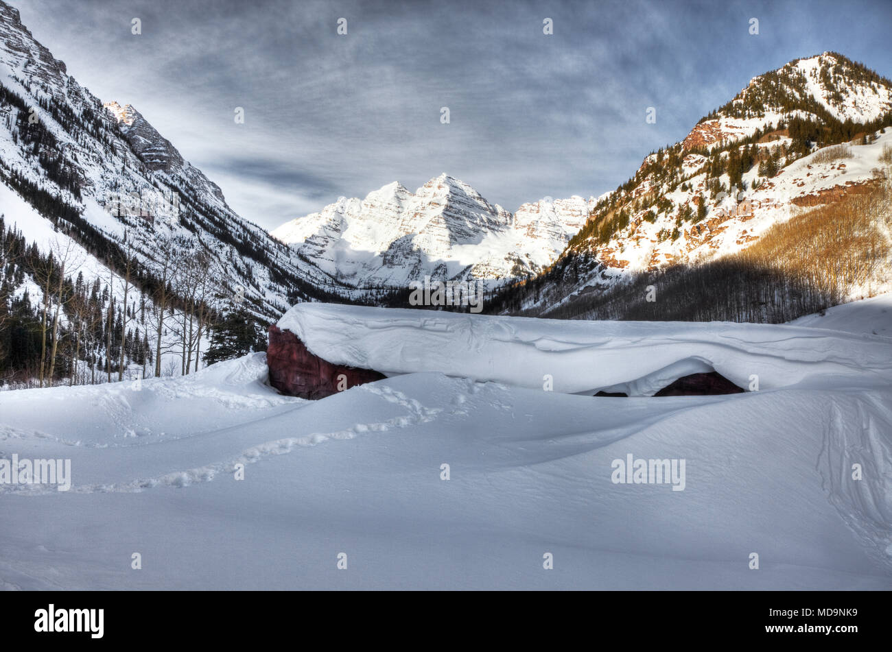 Maroon Bells in winter with fresh snow, Aspen, Colorado Stock Photo - Alamy