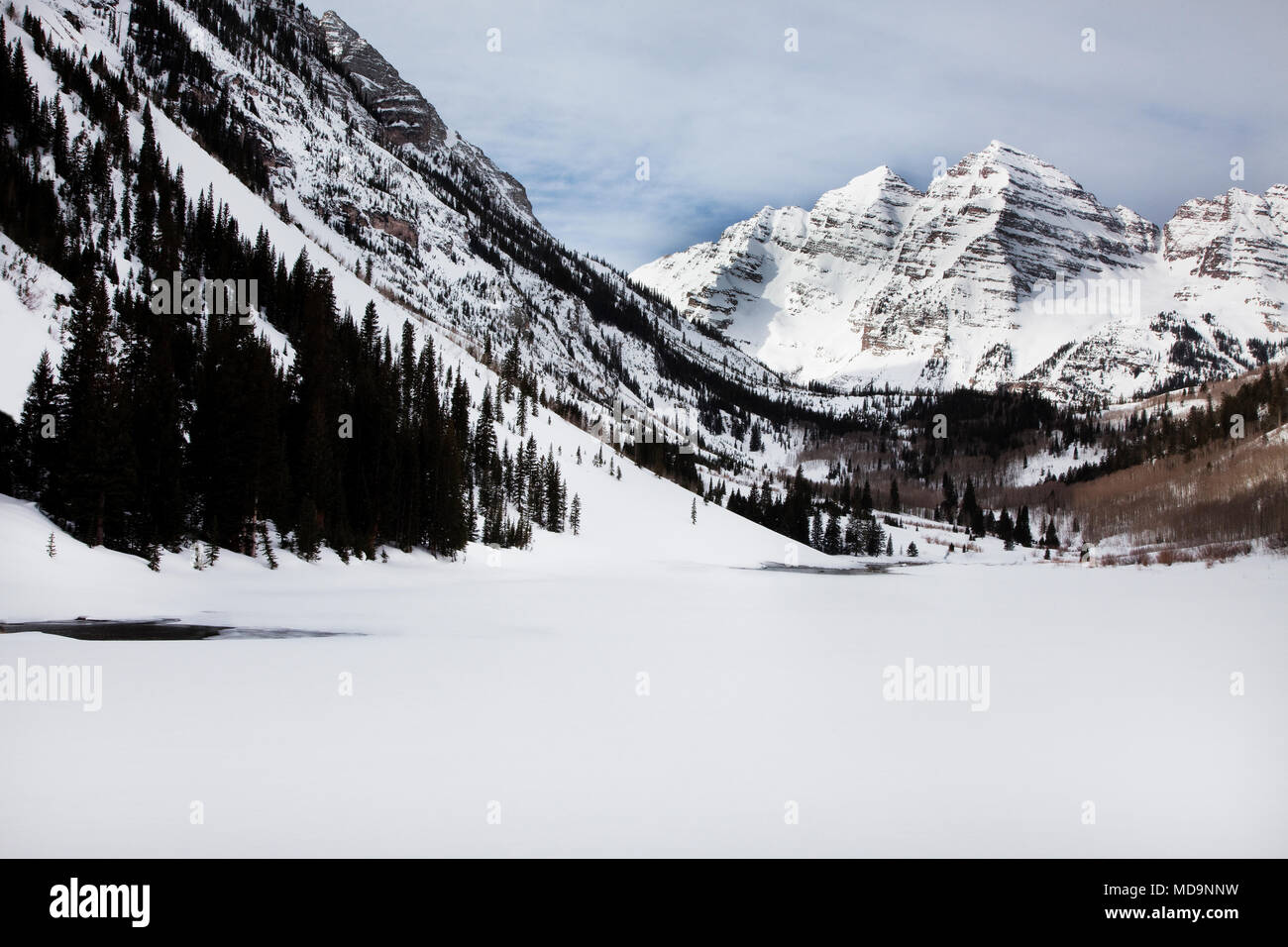 Snow covered Maroon Bells, Winter, Colorado Stock Photo - Alamy