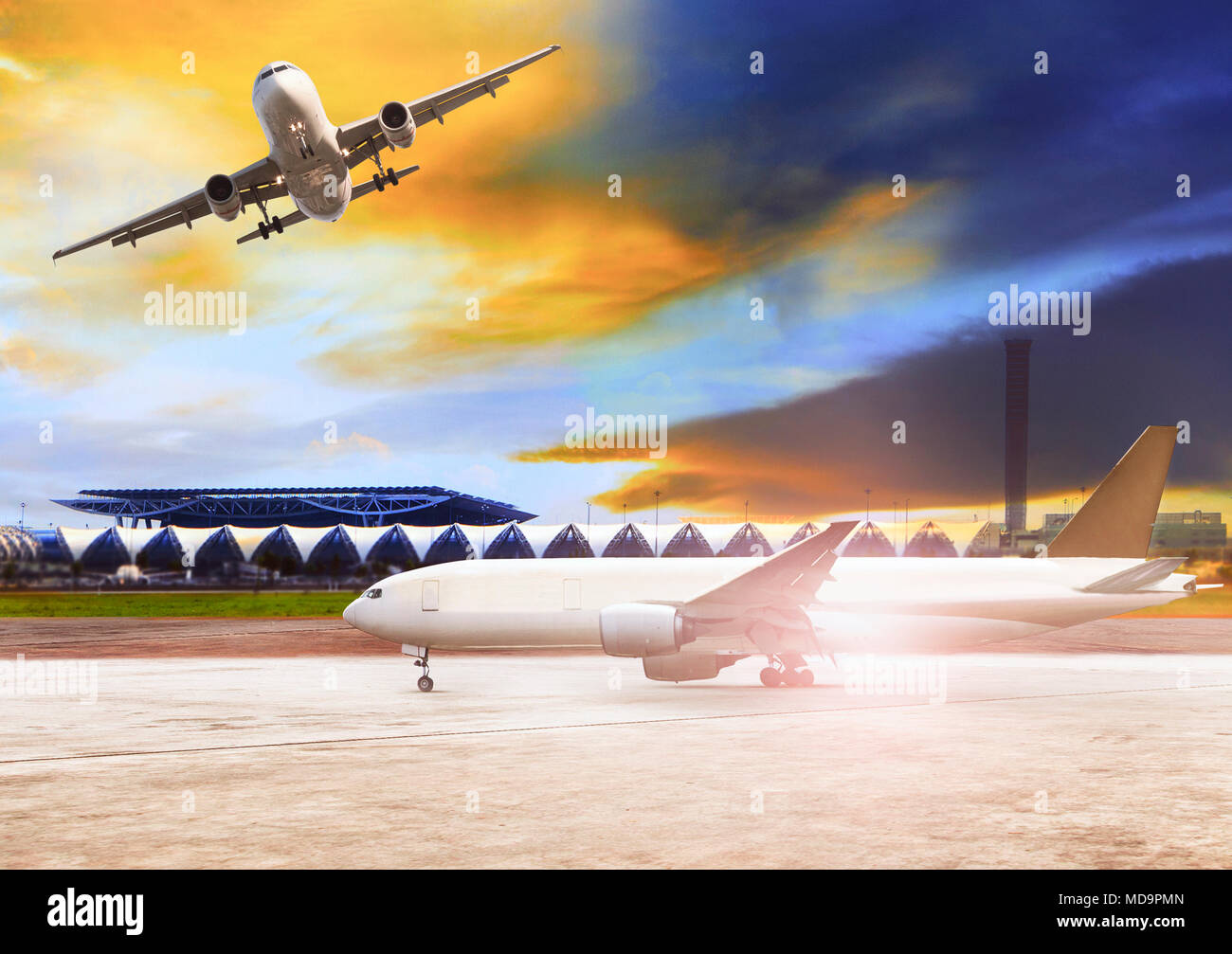air plane flying and approaching to departure at airport runway Stock ...