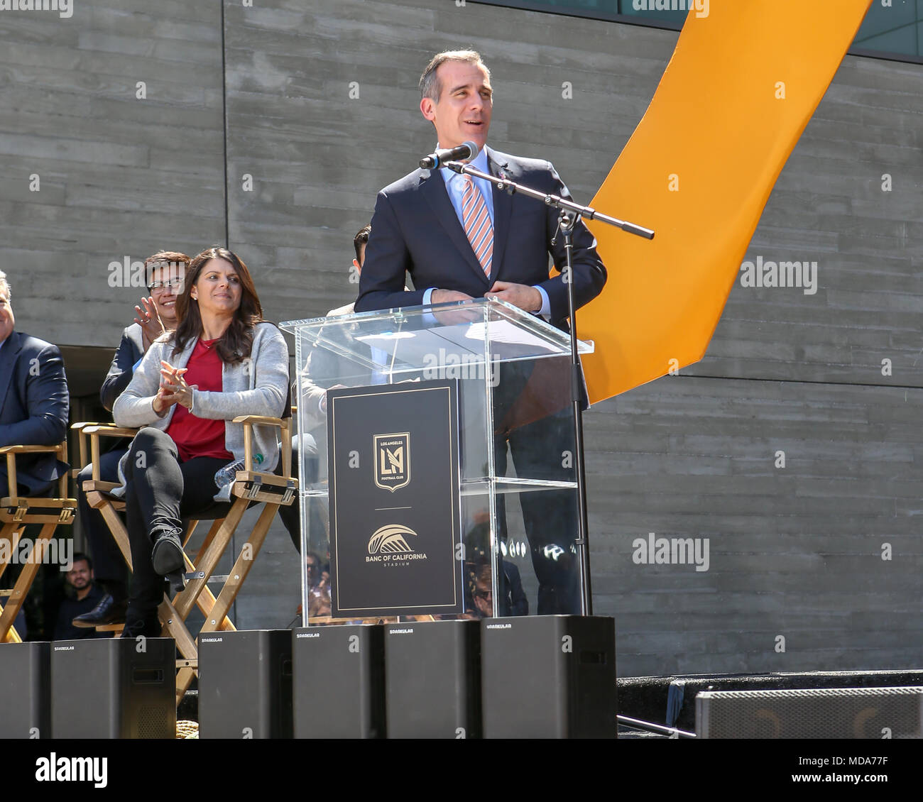 Los Angeles, CA, USA. 18th Apr, 2018. Mayor Eric Garcetti speaking at ...