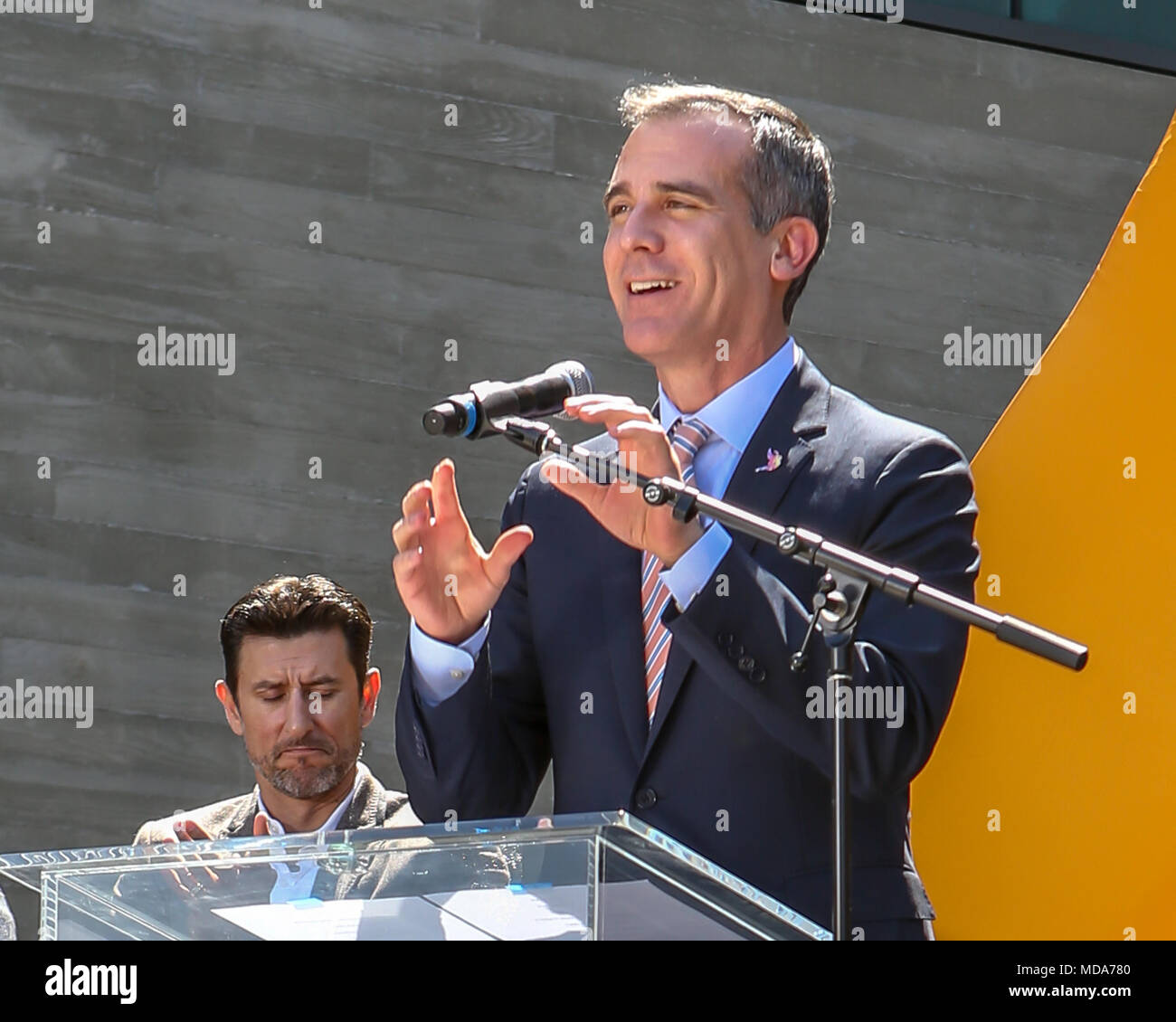 Los Angeles, CA, USA. 18th Apr, 2018. Mayor Eric Garcetti speaking at ...