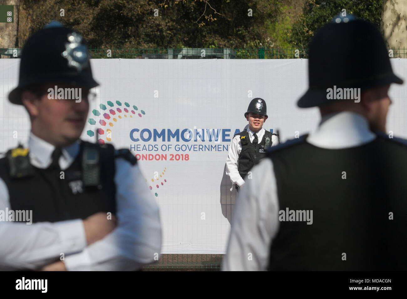 London UK. 19th April 2018. Police officers line The Mall fas part of ...