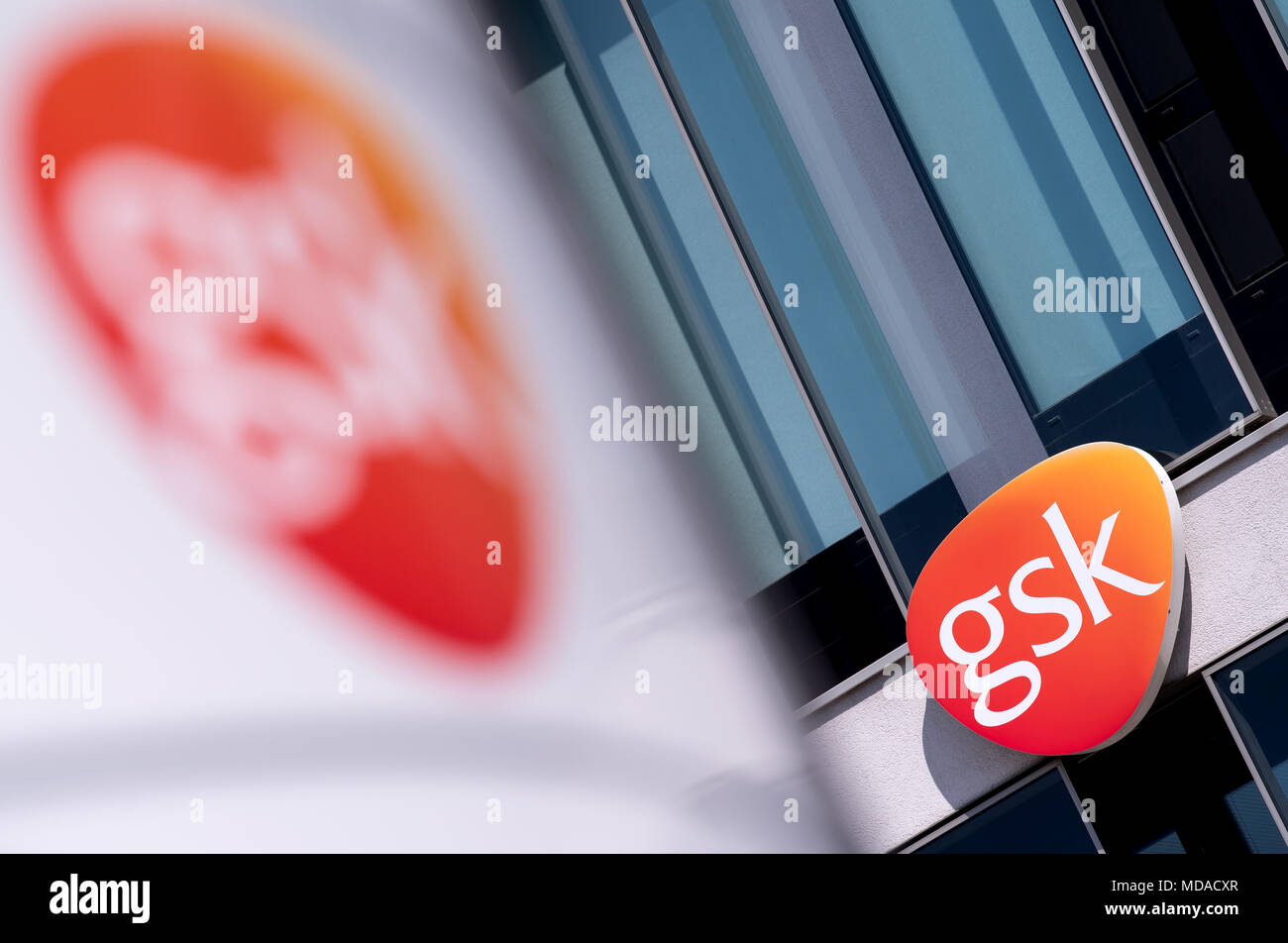 19 April 2018, Germany, Munich: The logo of GlaxoSmithKline (GSK) at ...