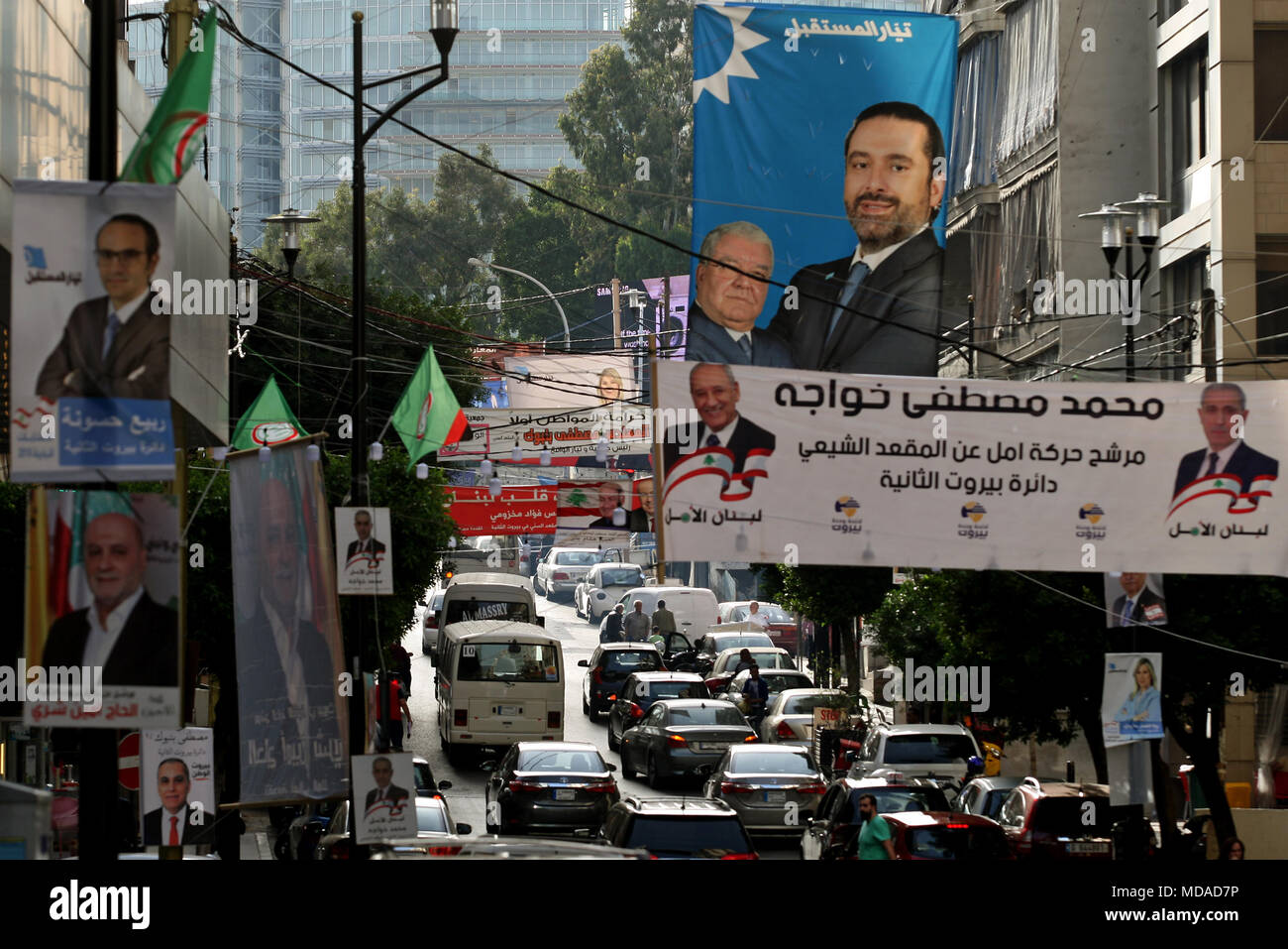 Beirut, Lebanon. 18th Apr, 2018. Posters of candidates for Lebanese ...