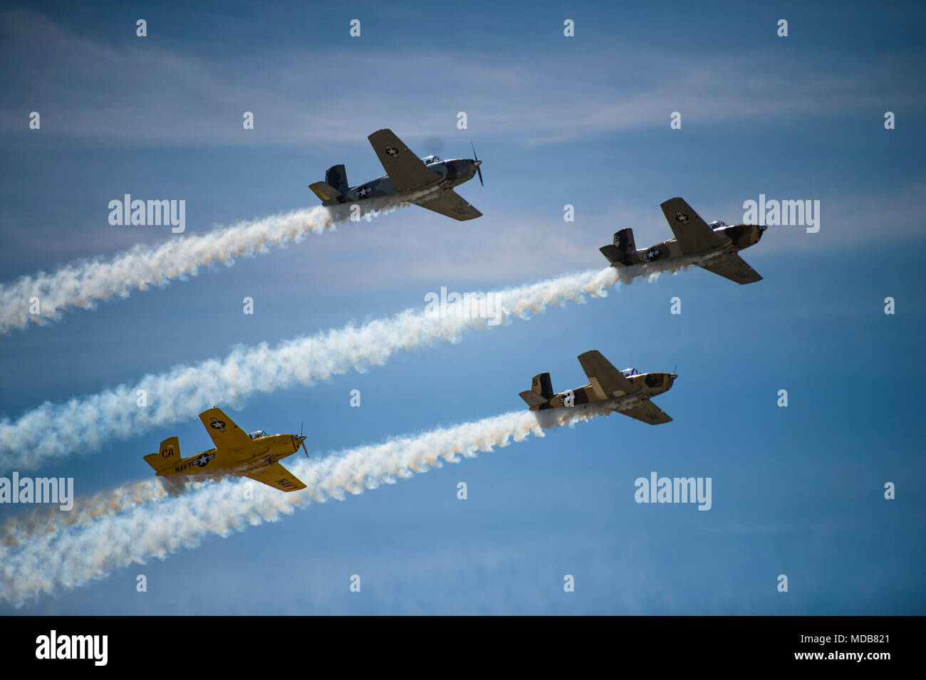 A group of T-34 Mentor aircraft fly during the March Field Air and ...