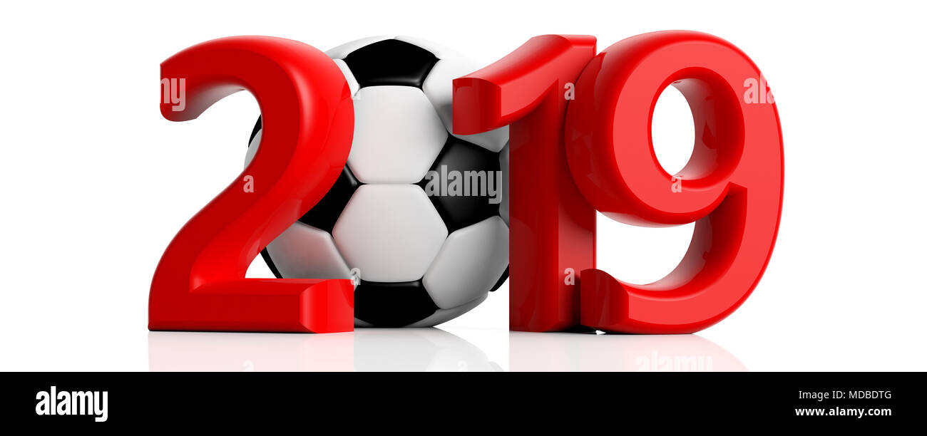 Soccer, football and 2019. Red new year 2019 with soccer ball isolated ...