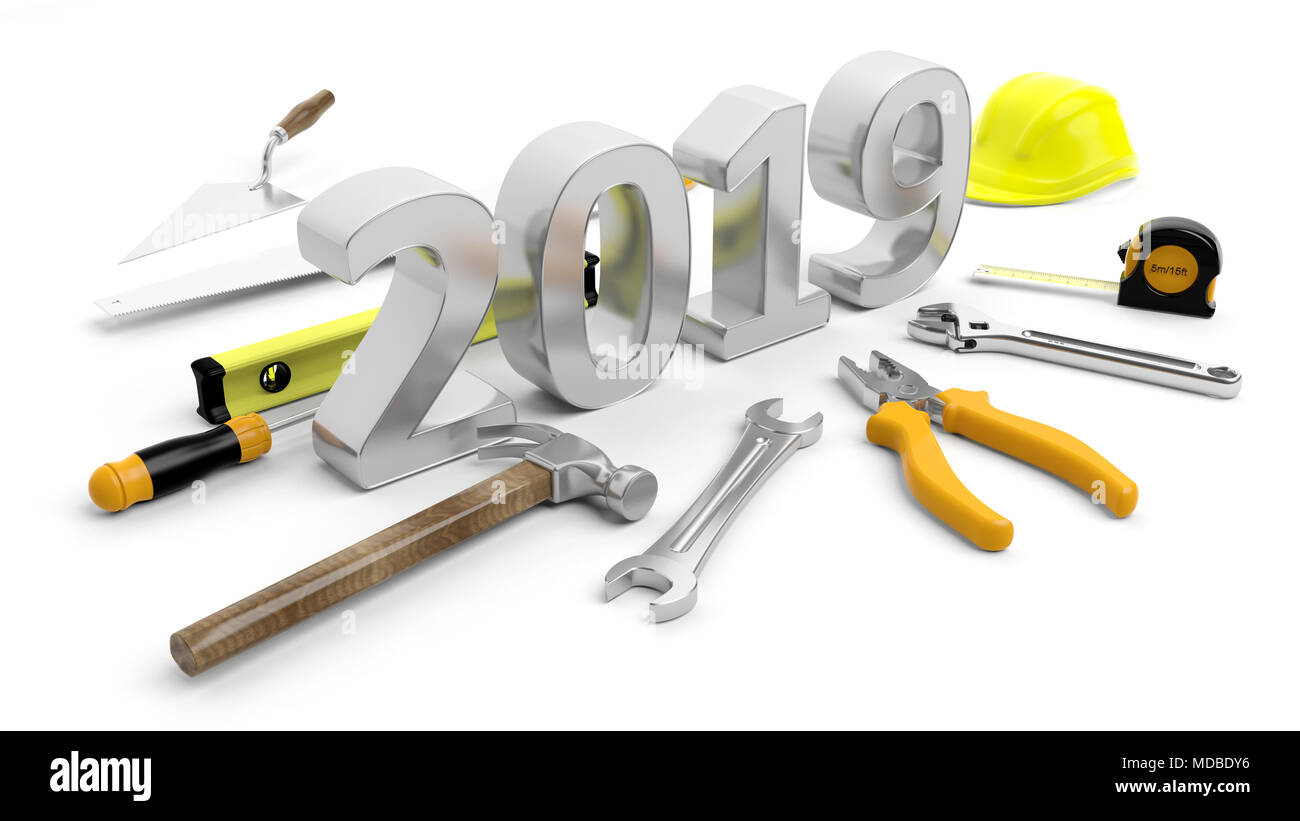 New year 2019. Hand tools and number 2019 isolated on white background ...