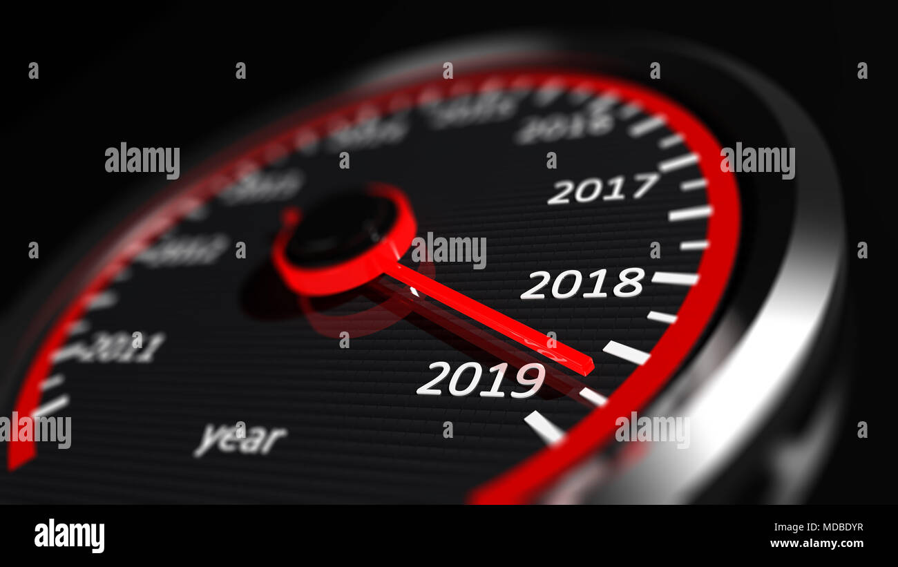 New year 2019 car speedometer, red indicator on black blur background ...