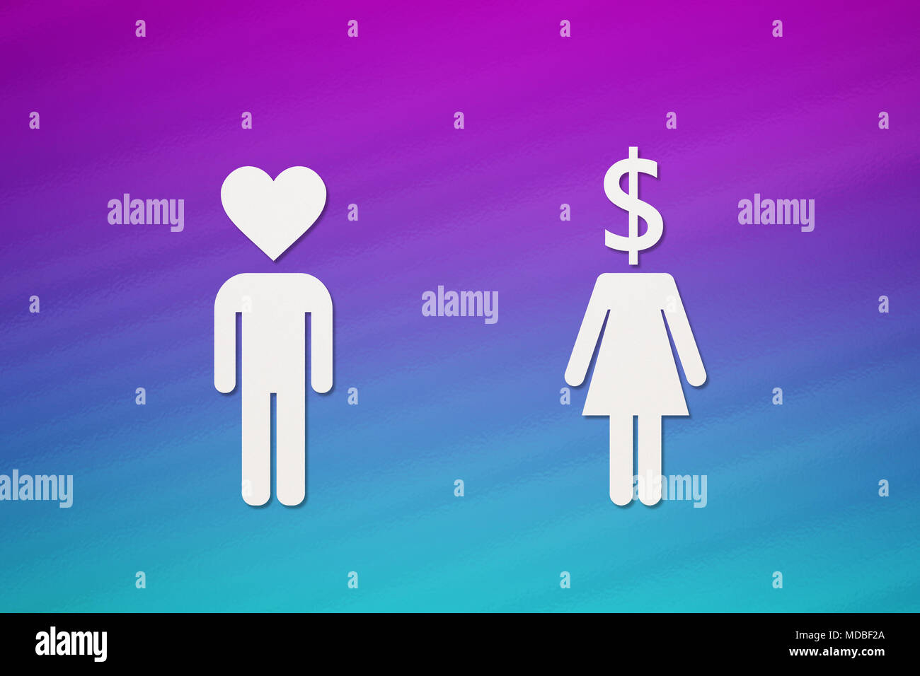 Paper man heart head and woman with dollar on colorful background. Love ...