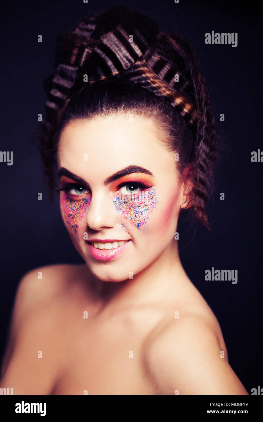 Beauty Fashion Portrait of Happy Woman with Bright Creative Makeup ...