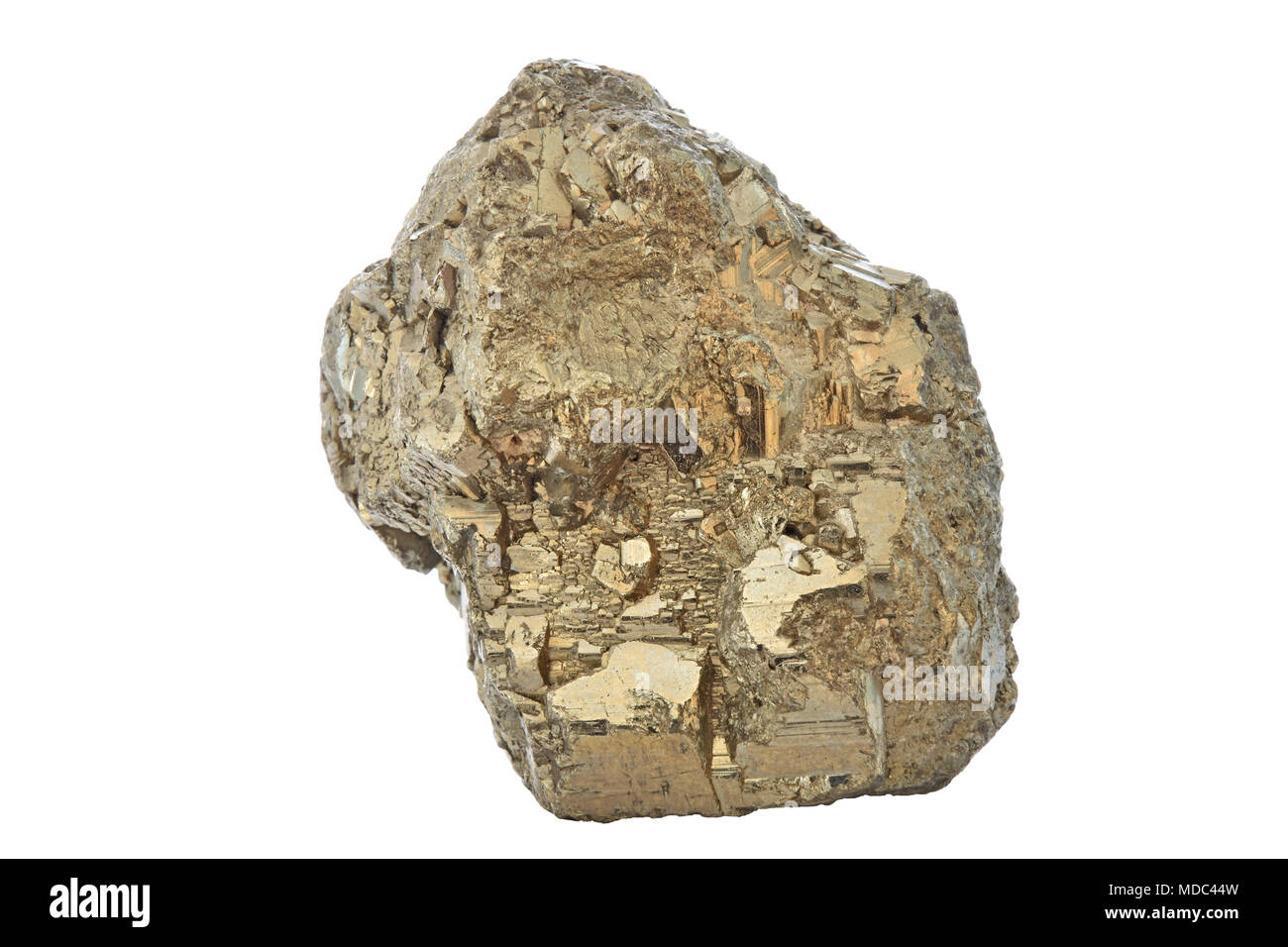Close-up of a specimen of the mineral iron pyrite on white background ...