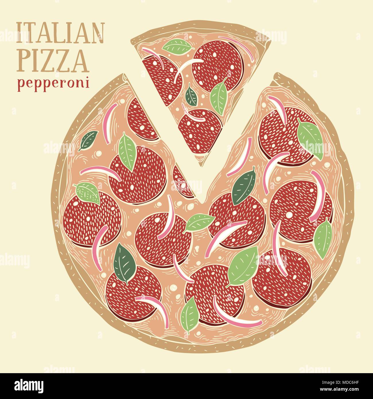 Colorful illustration of Italian Pizza Pepperoni. Hand drawn vector ...