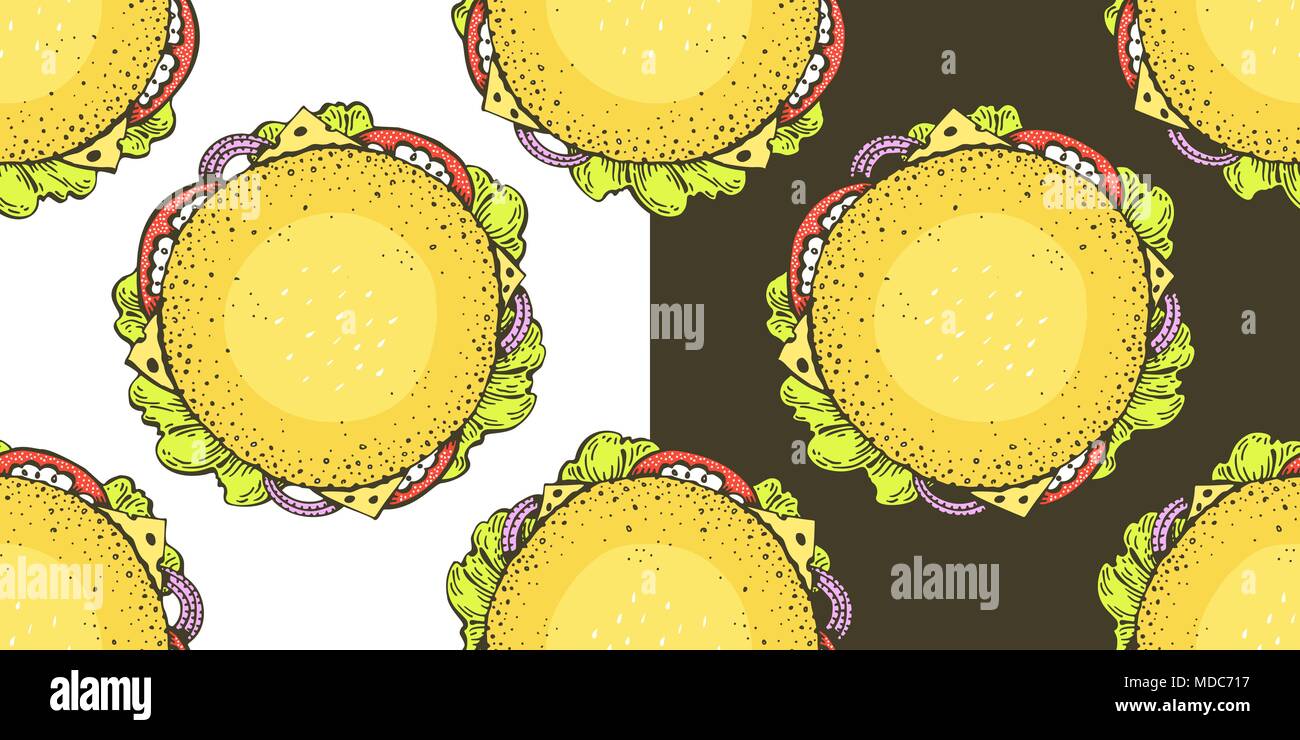 Vector seamless pattern with top view burgers on white and dark ...