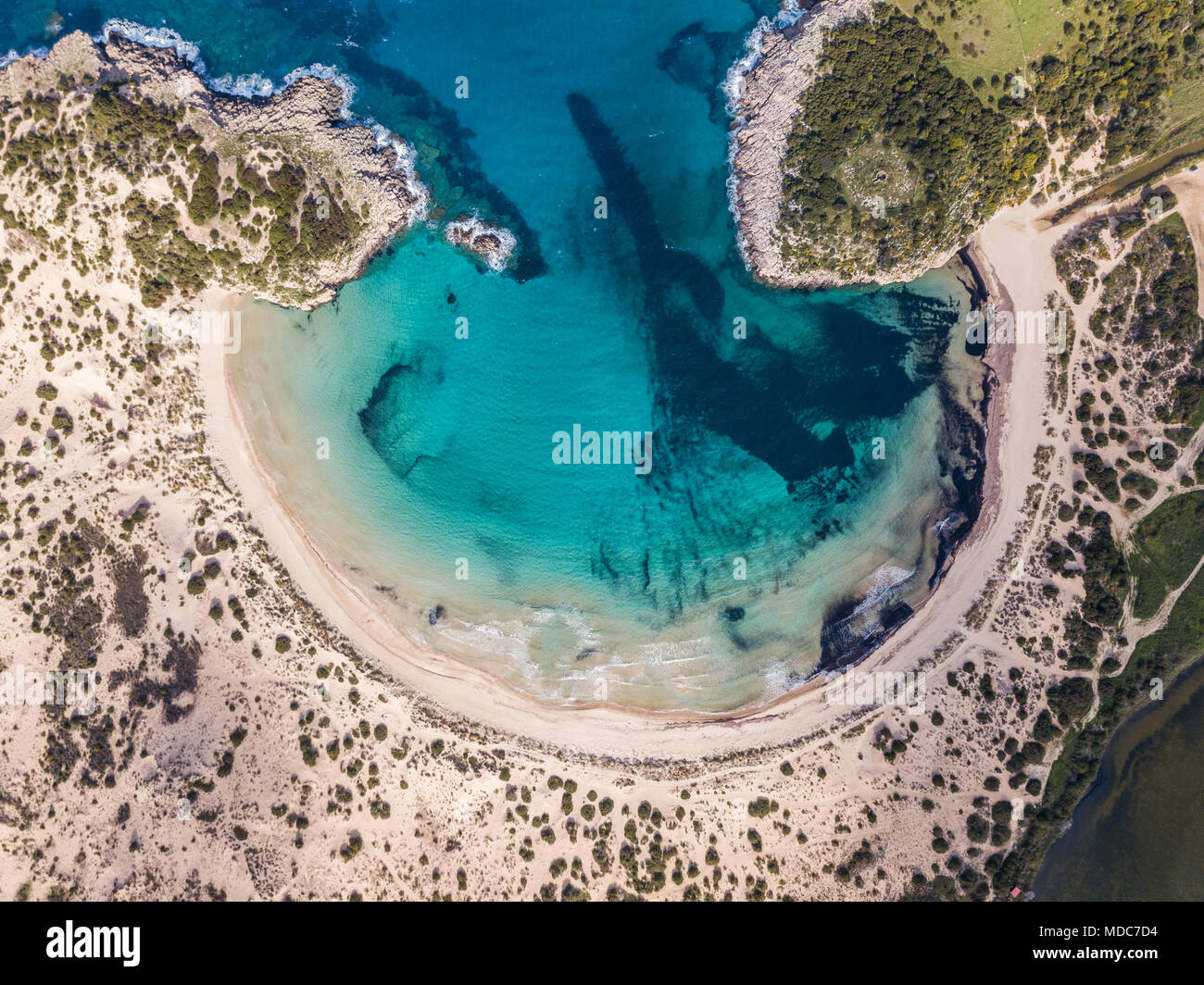 Aerial view of Voidokilia Beach, a popular beach in Messinia in the ...