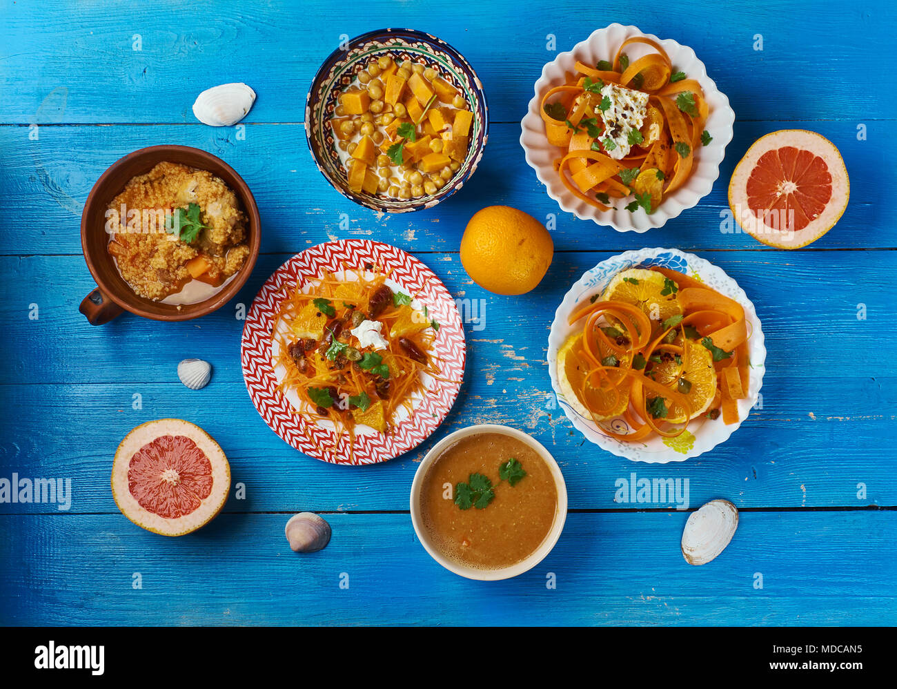 Moroccan cuisine, Traditional assorted Morocco dishes, Top view Stock ...
