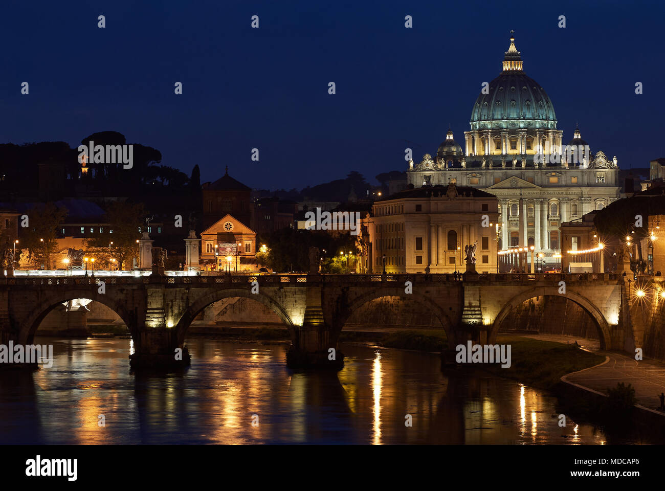 St Peter's and the Tiber river at night, Vatican, Rome, Italy Stock ...