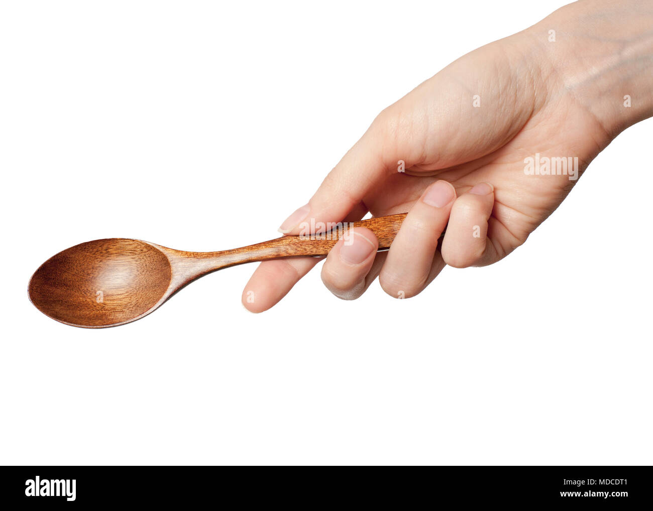woman hand with empty wooden Spoon isolated on white background Stock ...