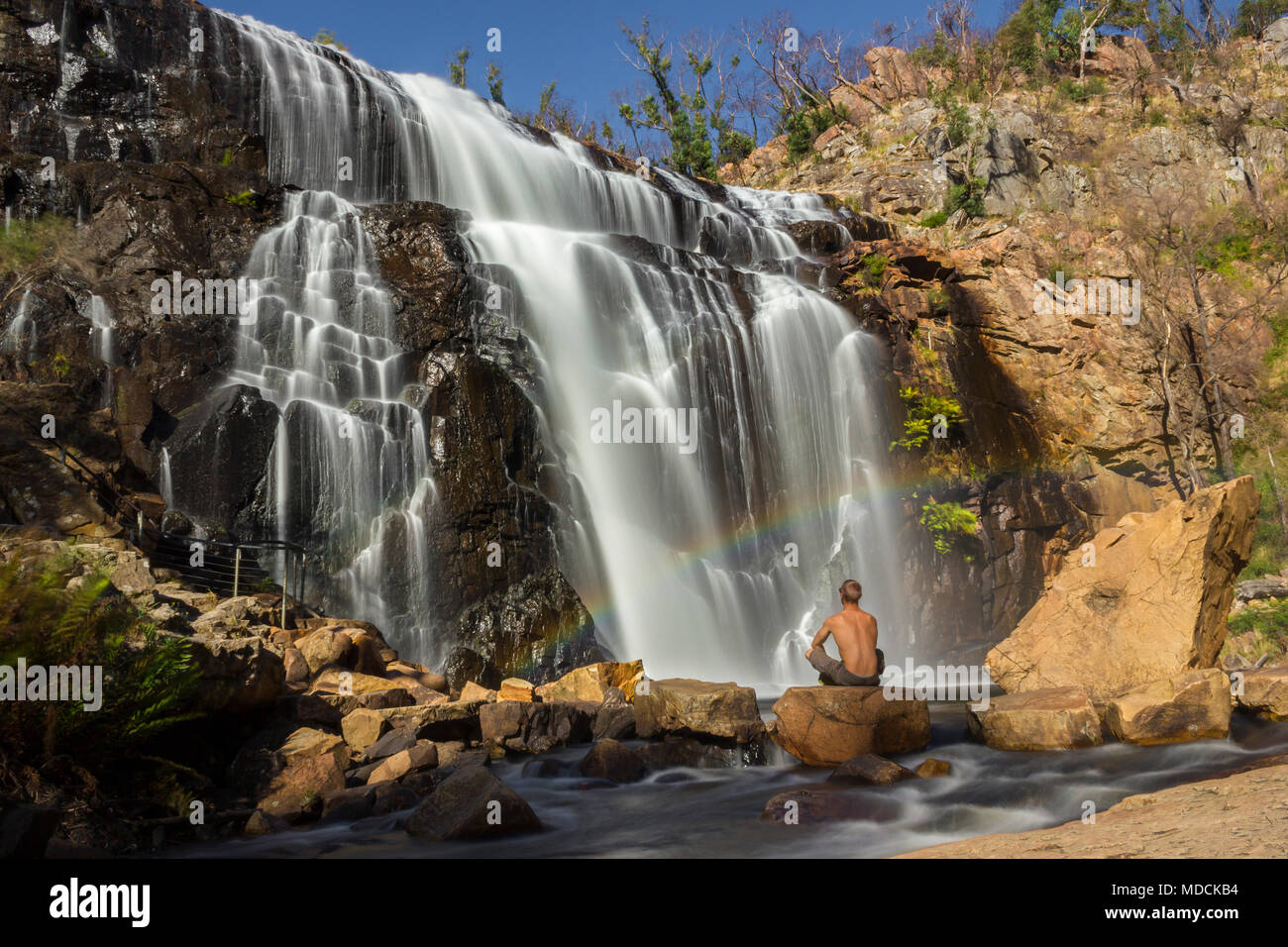 Rainbow in front of waterfall, Mackenzie Falls, The Grampians ...