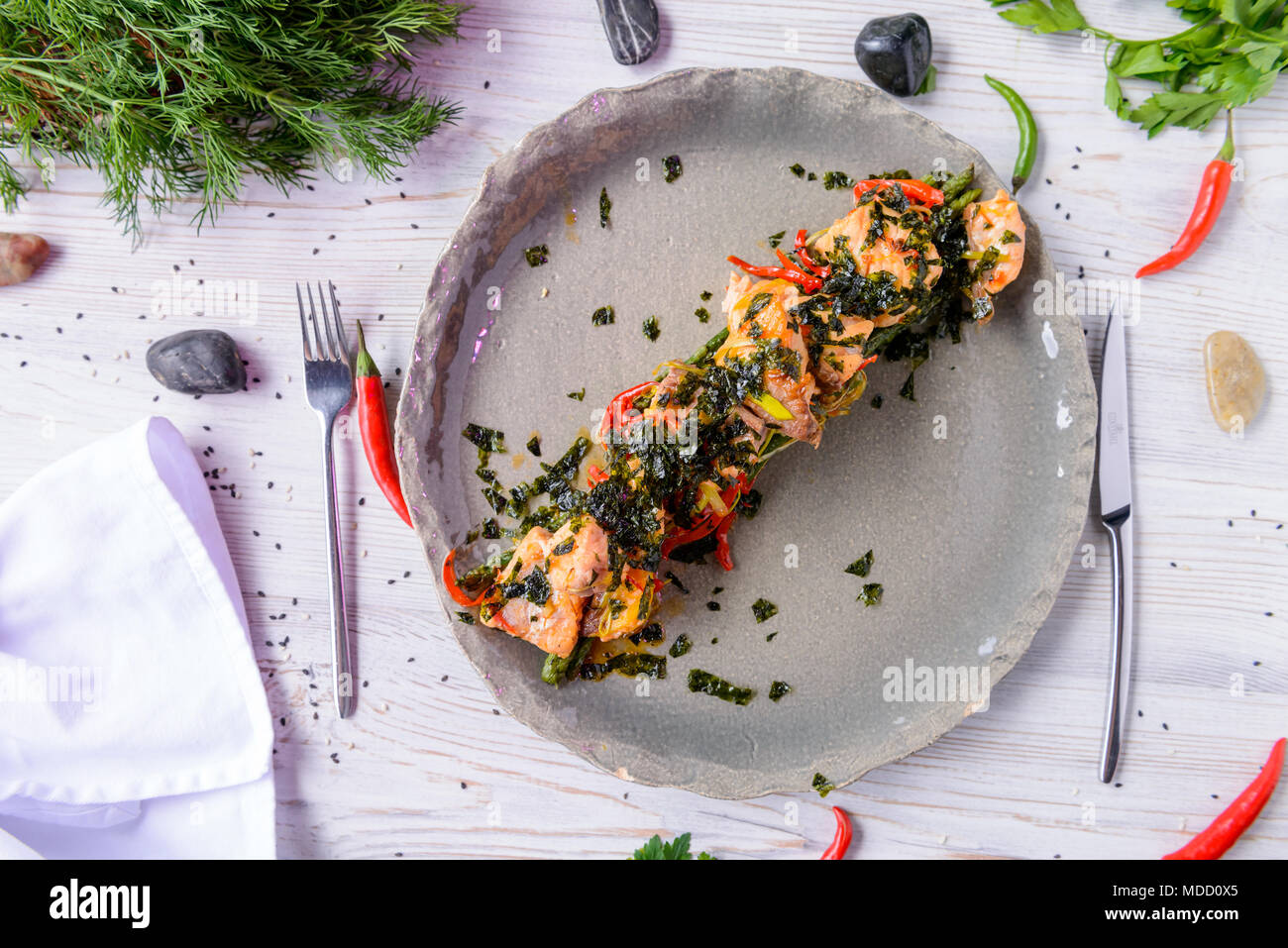 Beautiful served food on plate, meat with natural vegetables ...