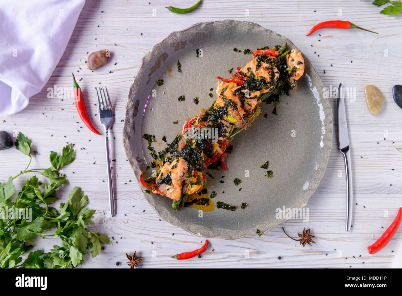 Beautiful served food on plate, meat with natural vegetables ...