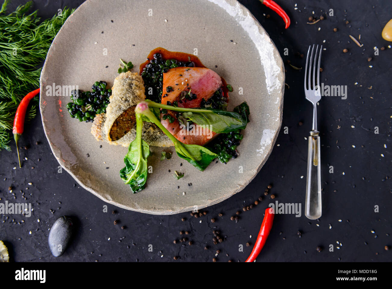 Beautiful served food on plate, meat with natural vegetables ...