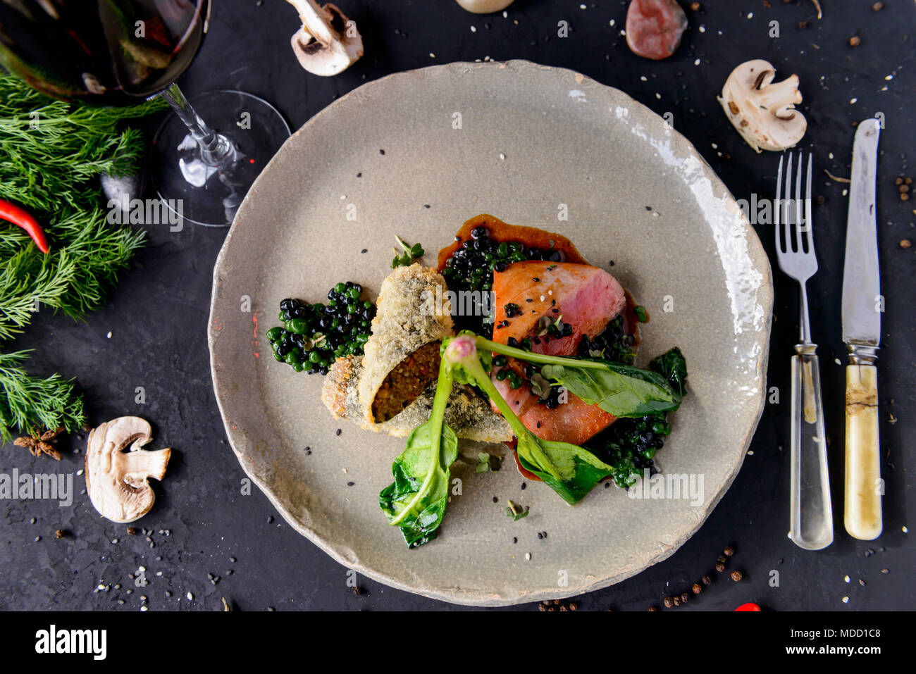 Beautiful served food on plate, meat with natural vegetables ...