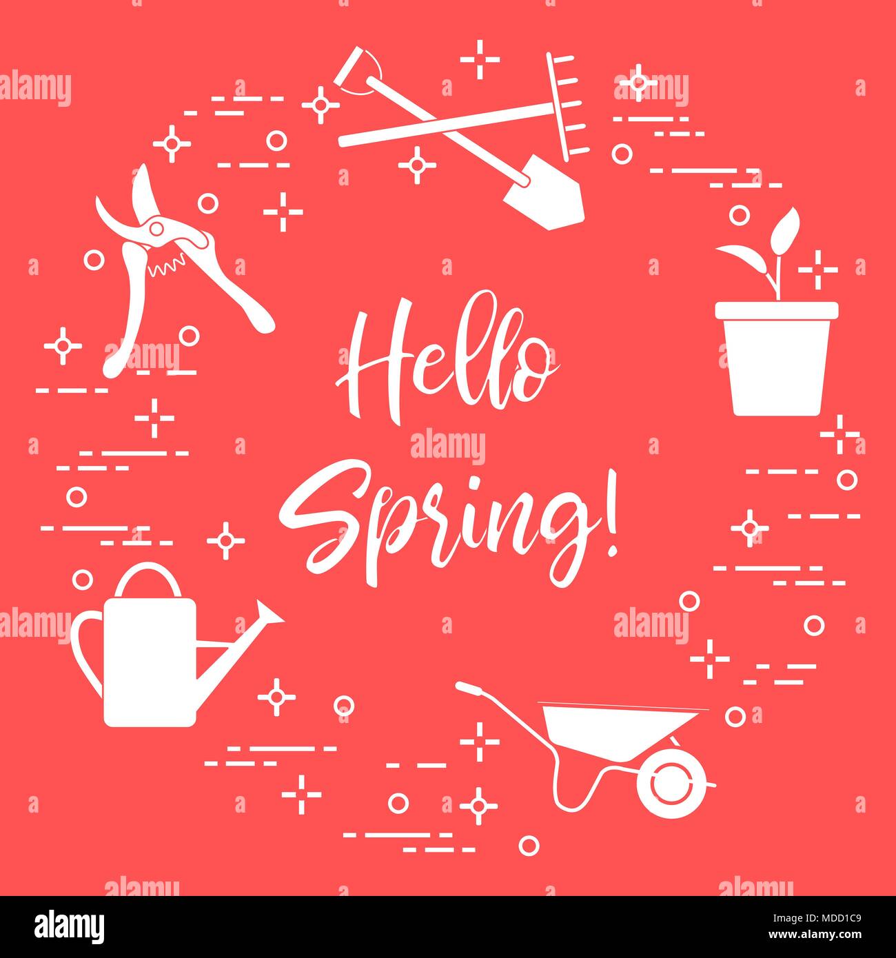 Pruner, rake, shovel, sprout, pot, leaves, wheelbarrow, watering can ...