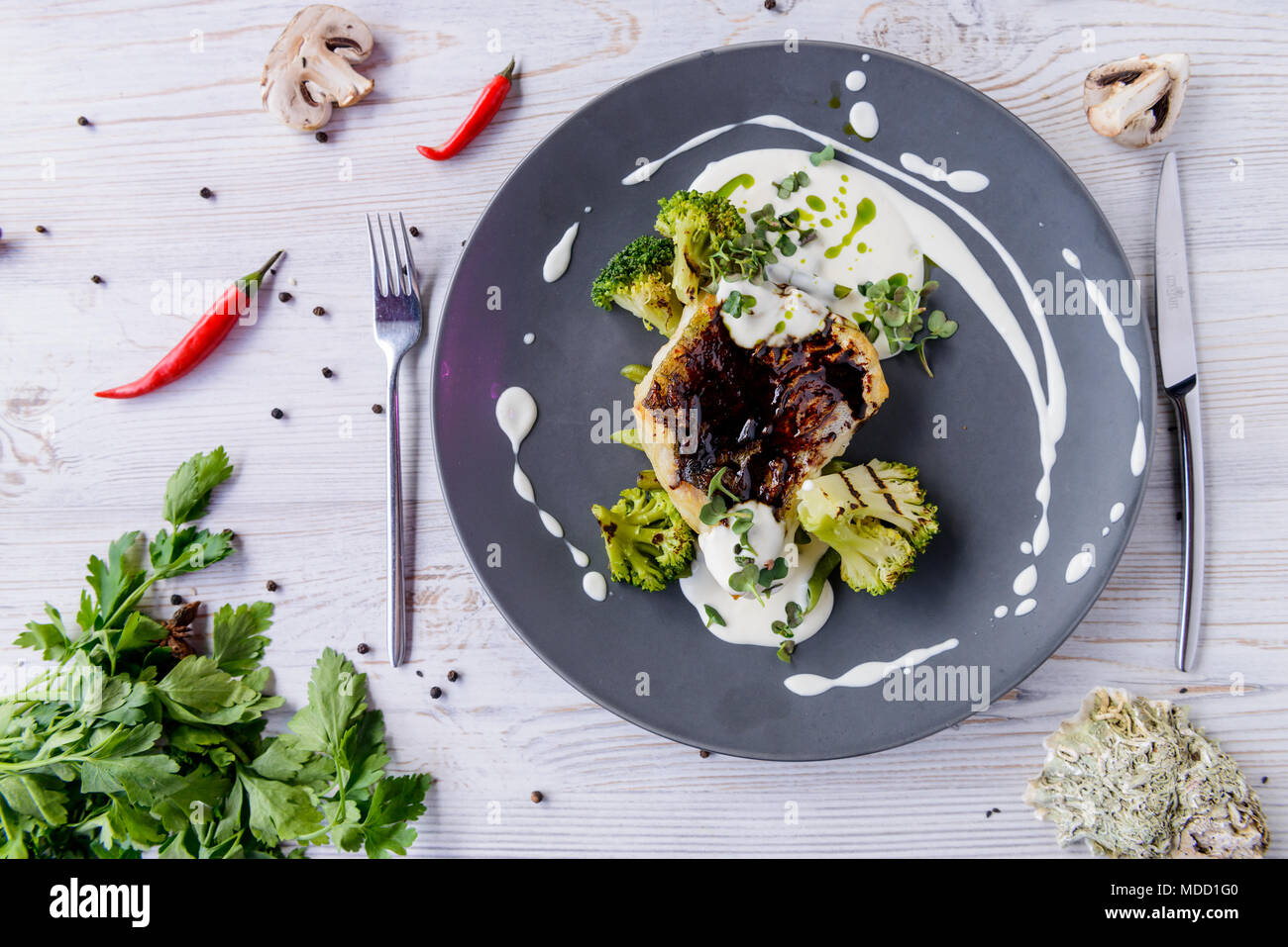 Beautiful served food on plate, meat with natural vegetables ...