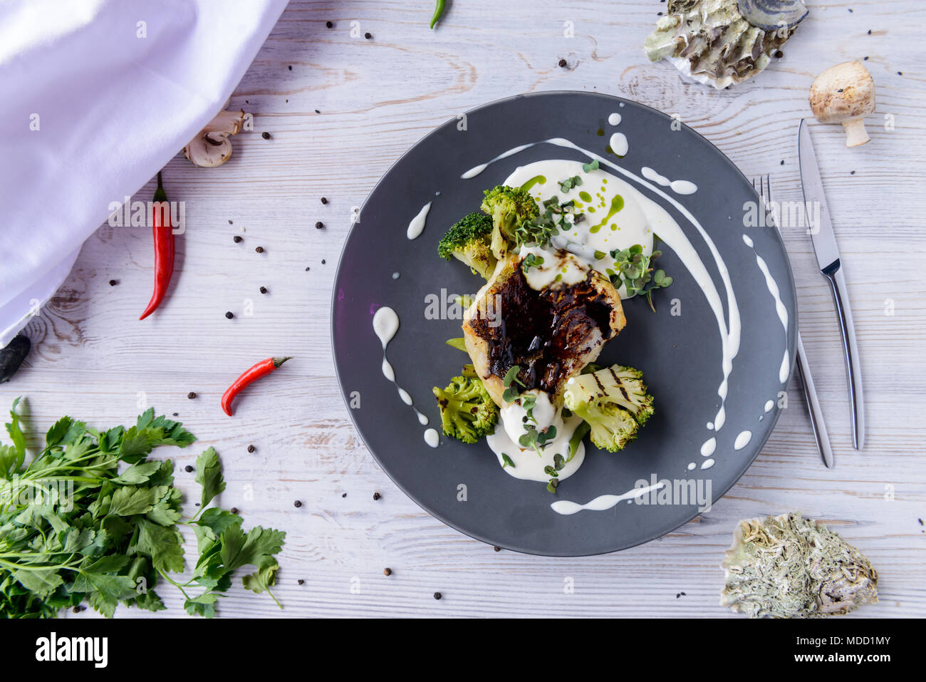 Beautiful served food on plate, meat with natural vegetables ...