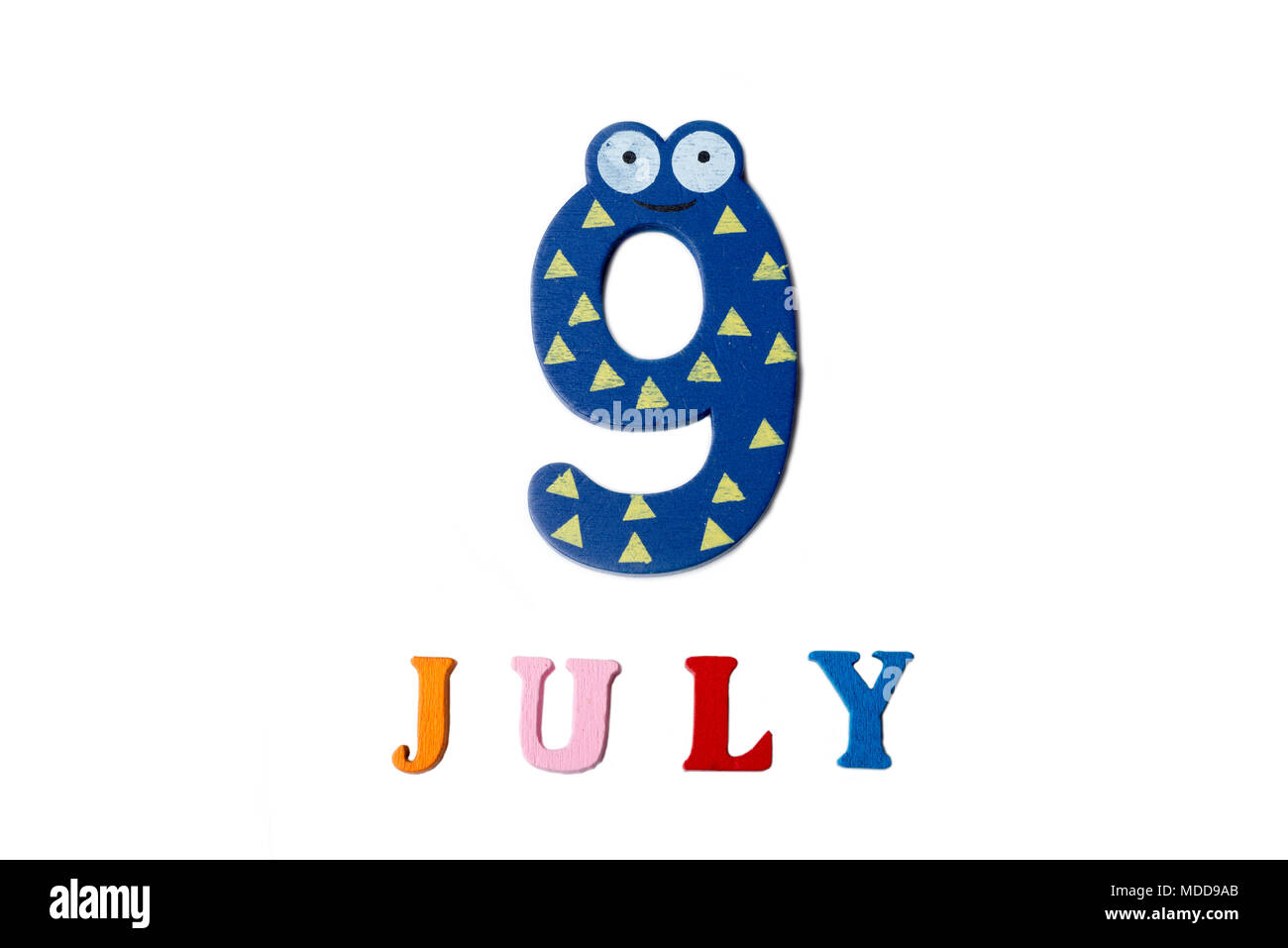 9 July. Image of July 9 on white background. Summer day. Blank space ...