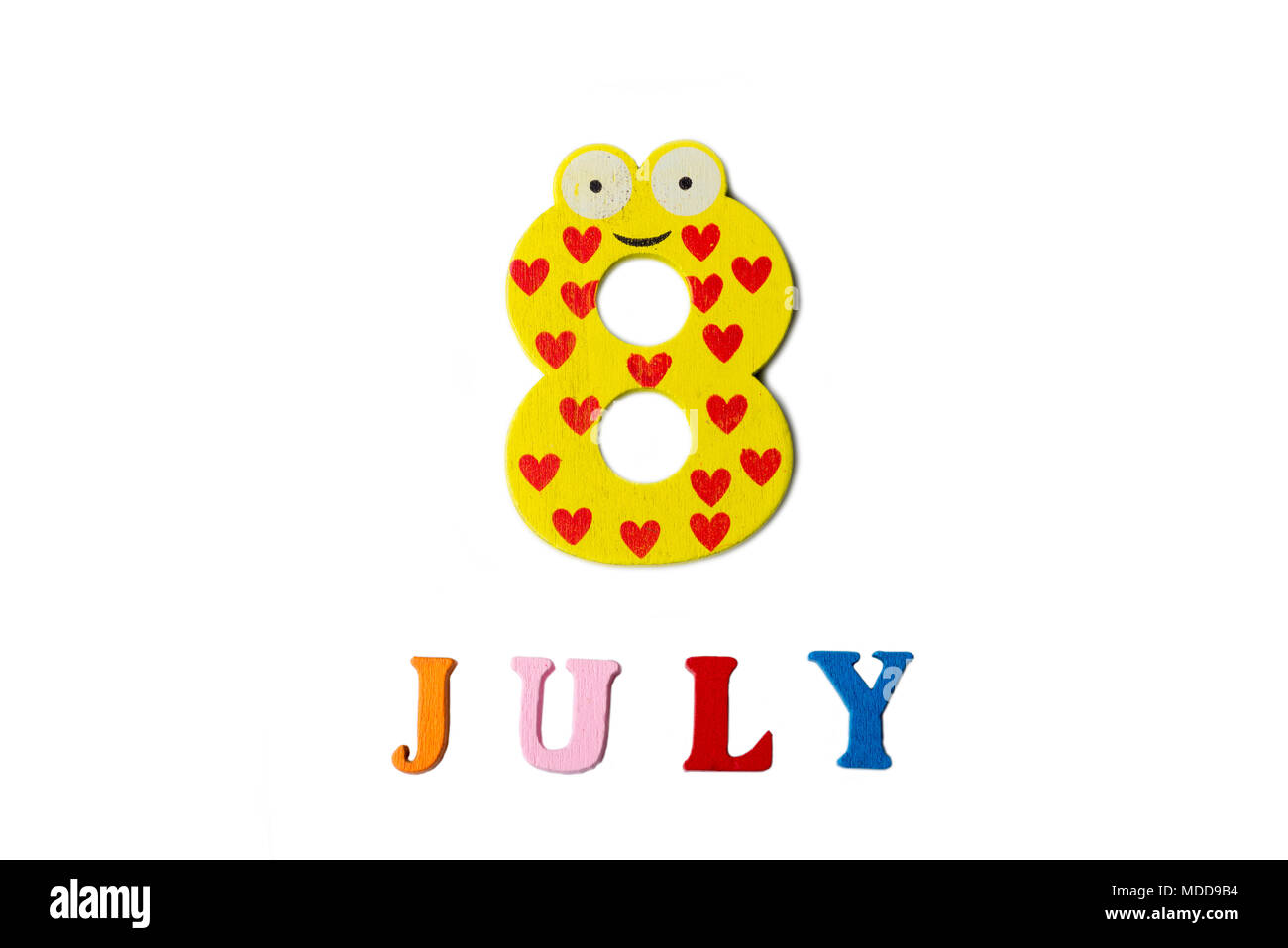 July 8th. Image of July 8 on white background. Summer day. Blank space ...