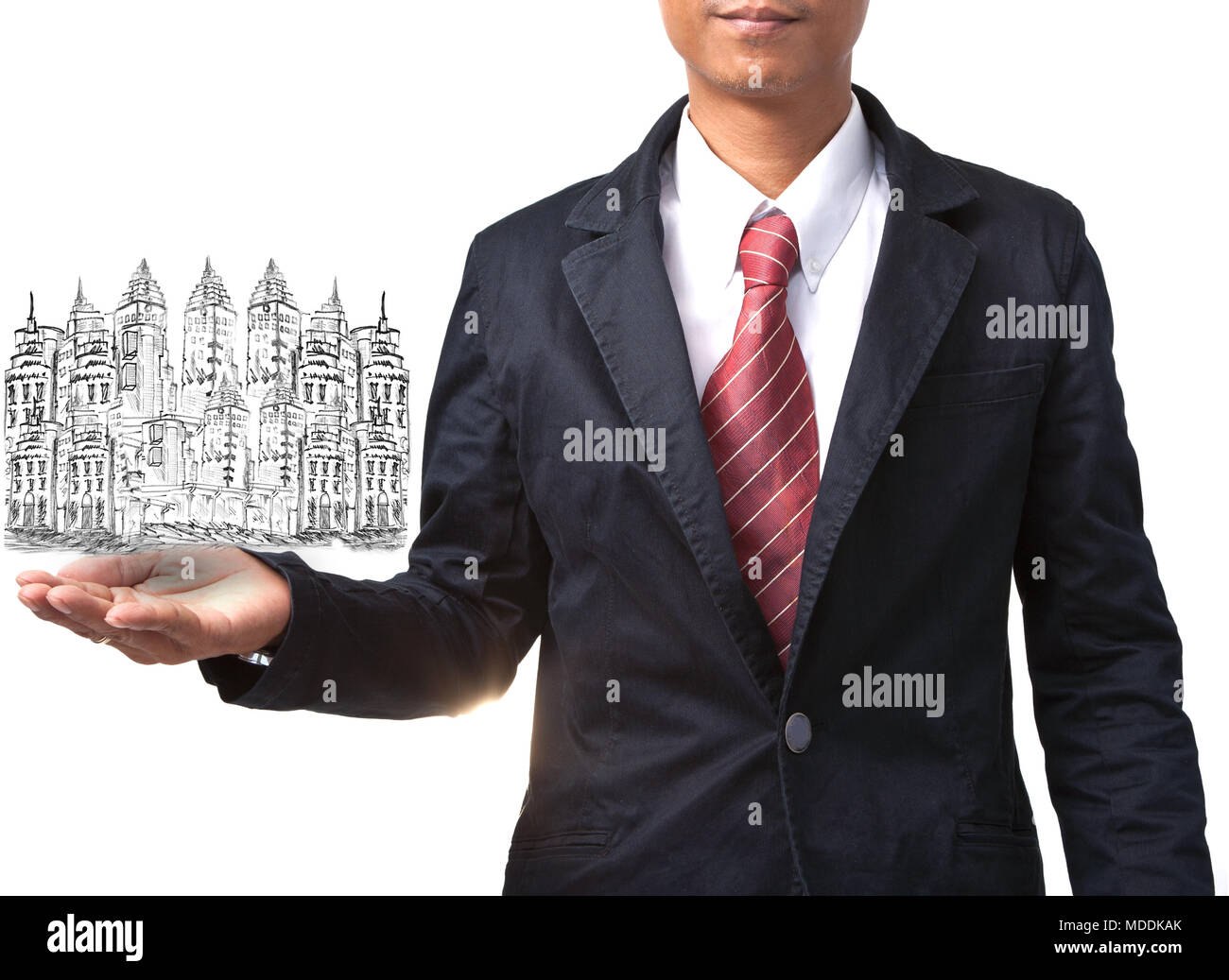 business man holding drawing of modern building isolated on white Stock ...