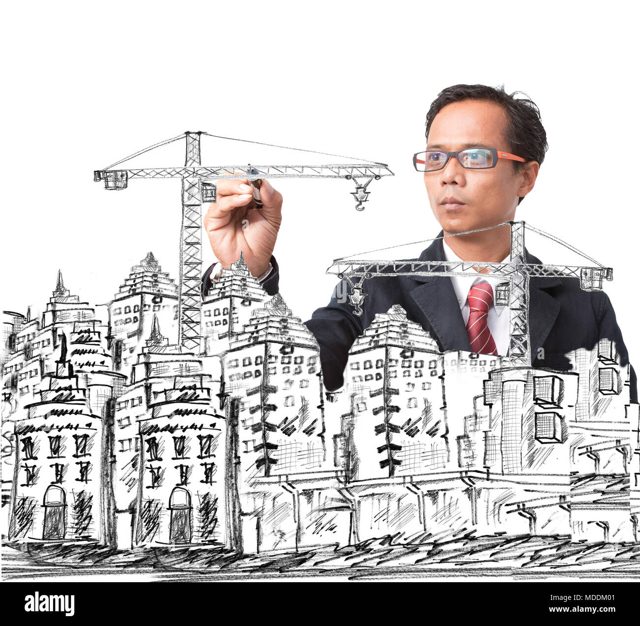 man drawing modern building construction use for city construction ...