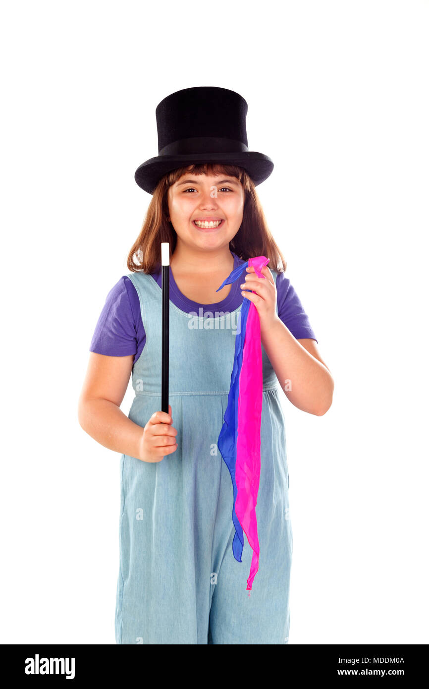 Pretty little girl doing magic with a top hat and a magic wand isolated ...