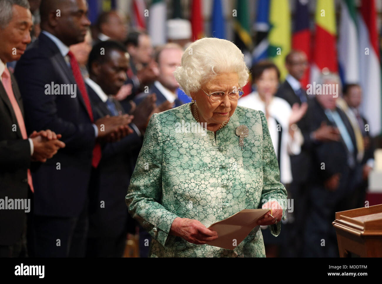 Queen Elizabeth II prepares to deliver a speech during the formal ...