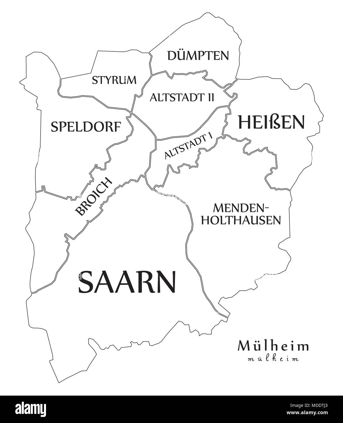 Modern City Map - Mulheim city of Germany with boroughs and titles DE outline map Stock Vector ...