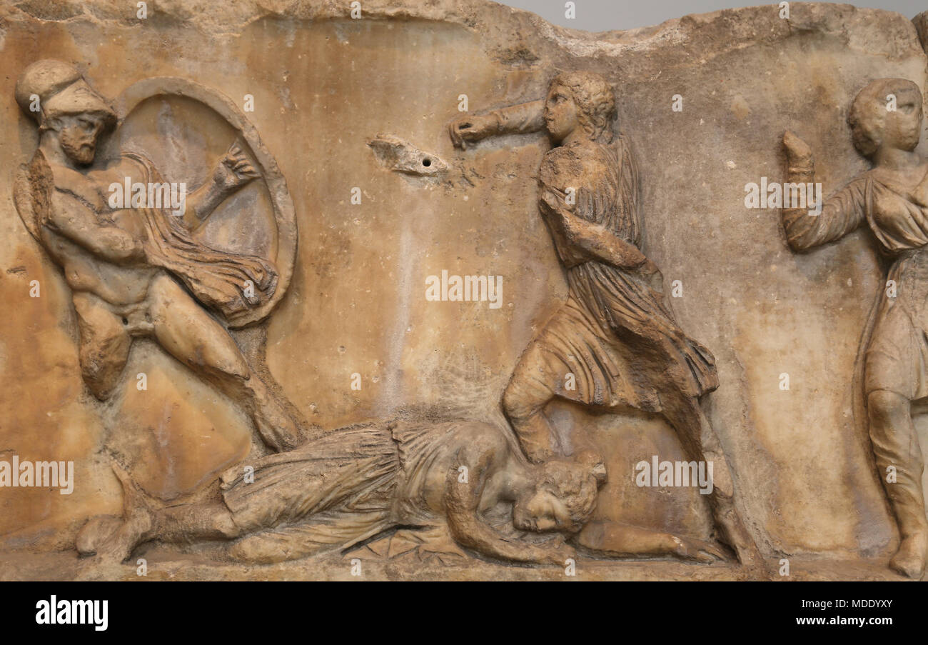 Mausoleum of Halicarnassus. Tomb of Mausolus. Turkey. Amazon frieze ...