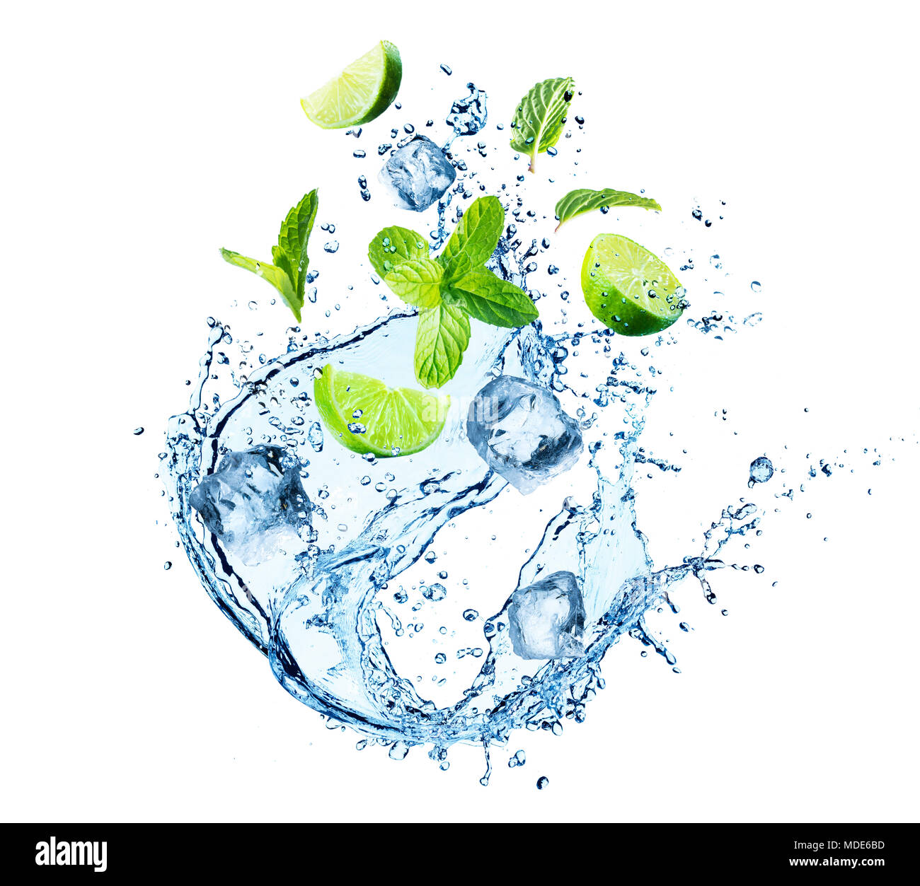 Water Splash With Mint Leaves, Ice Cubes And Slices Of Lime Stock Photo - Alamy