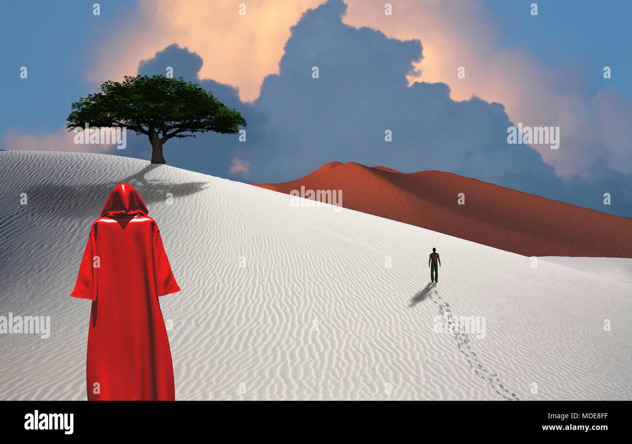 Figure in cloak stands in desert. Man in a distance. Green tree. Cloudy ...