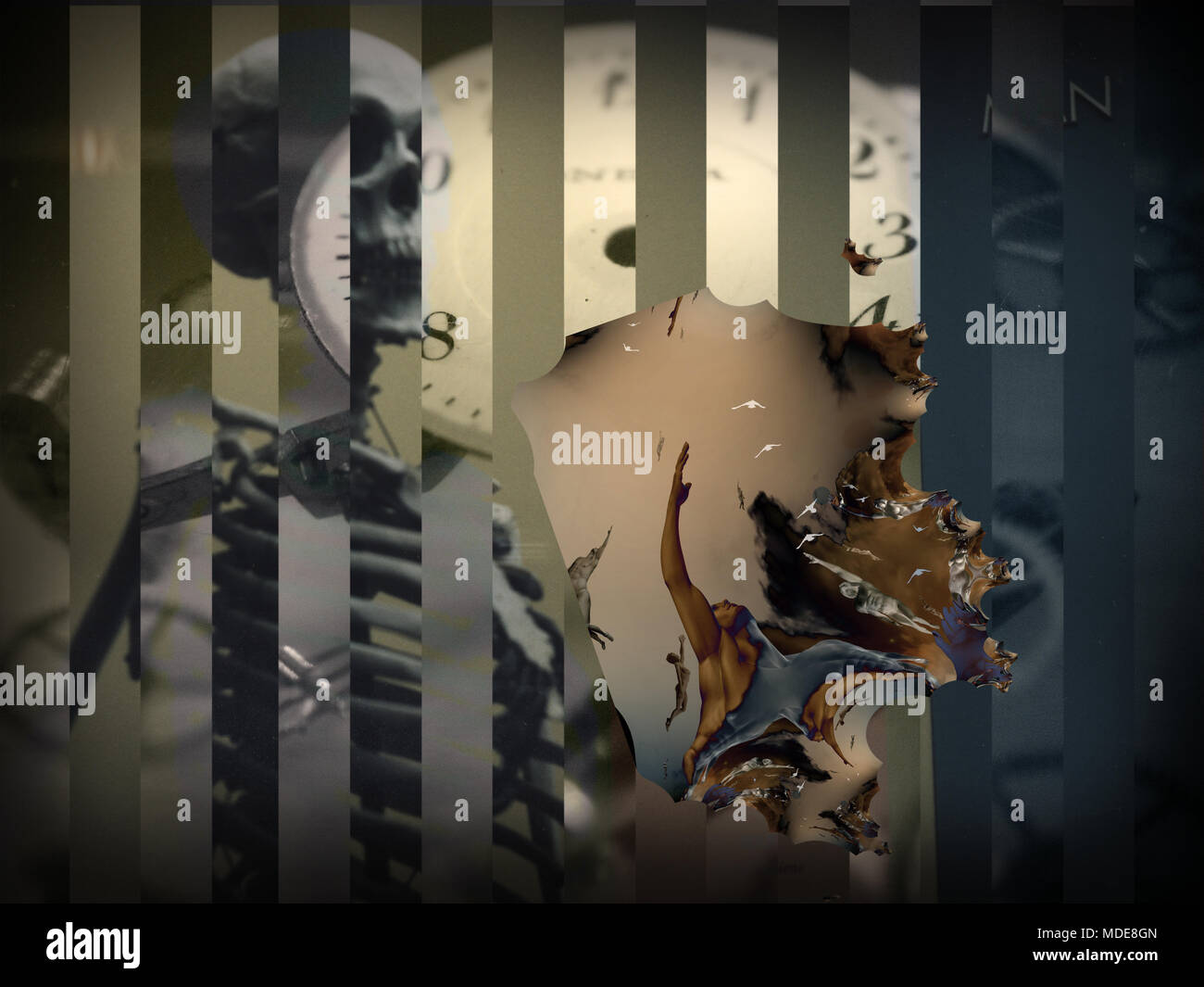 Surrealism. Skeleton, ascendings bodies and clock Stock Photo - Alamy